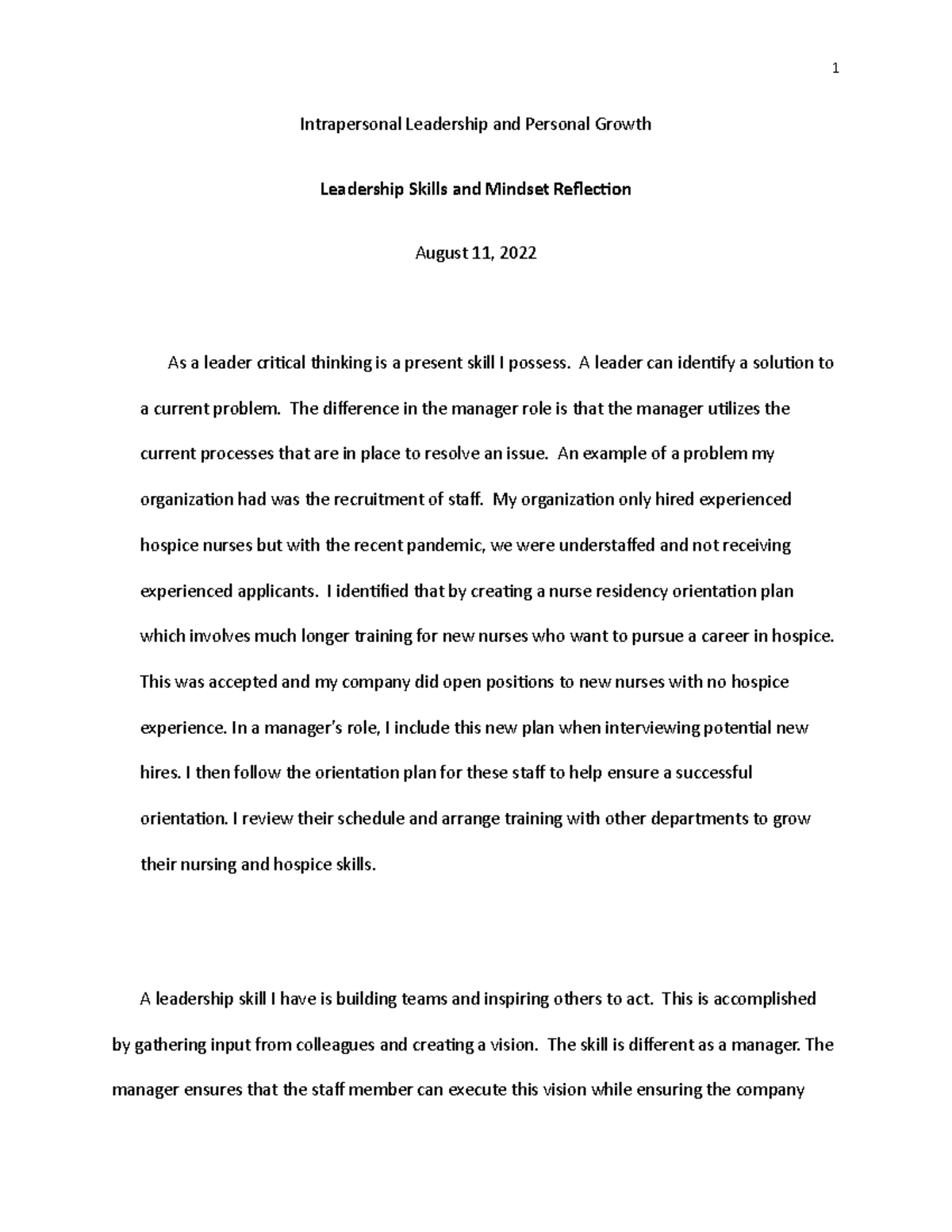 Leadership and Management Reflection Paper 2 - Intrapersonal Leadership ...