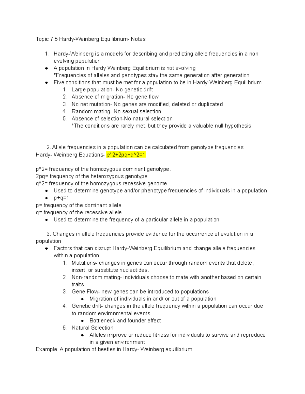 7.5 Notes - Topic 7 Hardy-Weinberg Equilibrium- Notes Hardy-Weinberg is ...