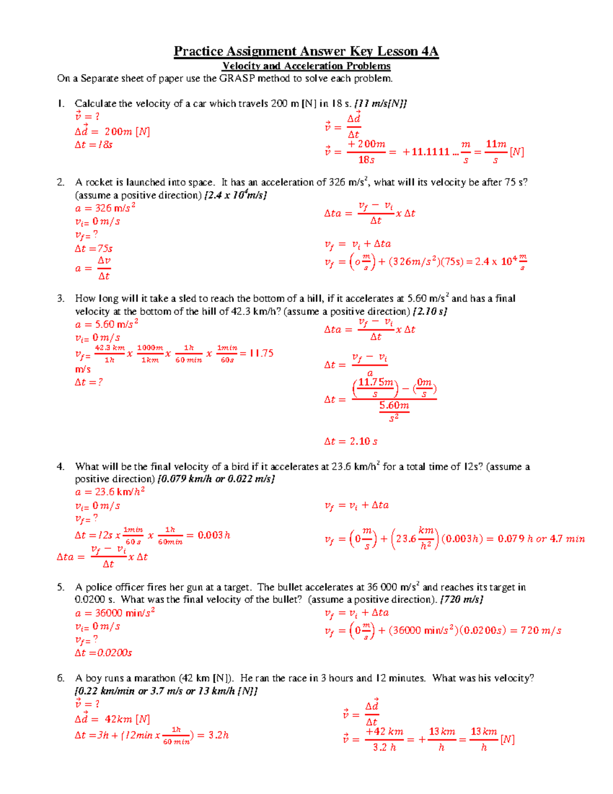 KEY - 4A Velocity and Acceleration - Practice Assignment Answer Key ...