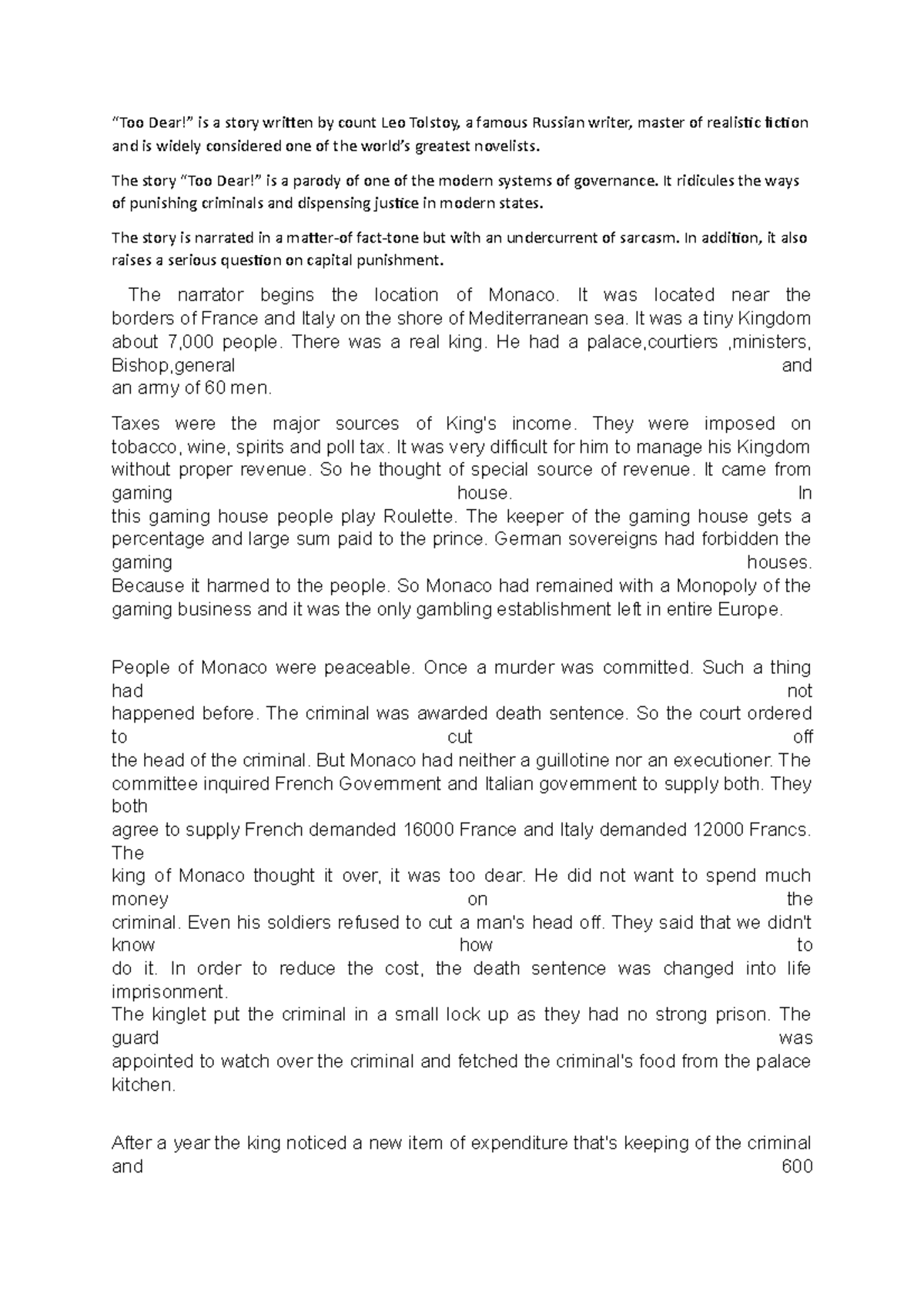 Too dear - “Too Dear!” is a story written by count Leo Tolstoy, a ...