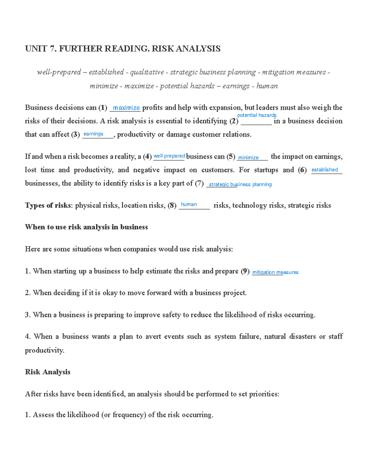 Unit 7 Risk analysis Further reading - UNIT 7. FURTHER READING. RISK ...