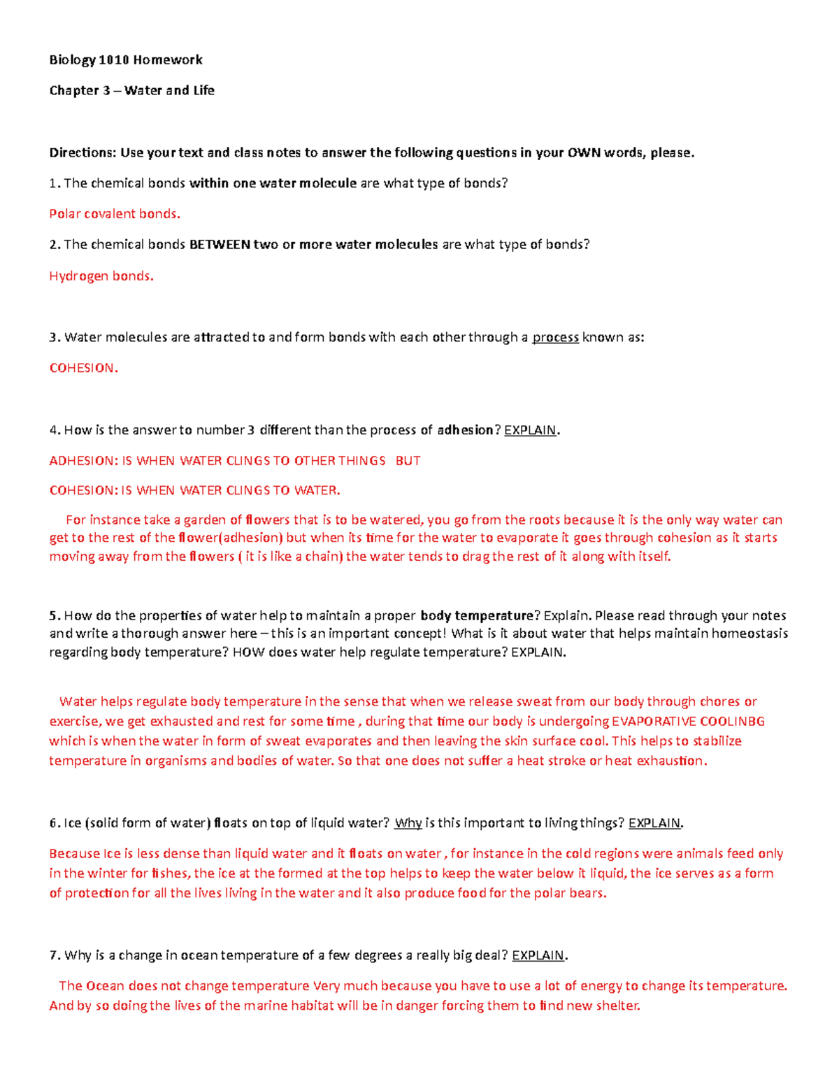 Water and life study guide - Biology 1010 Homework Chapter 3 – Water ...