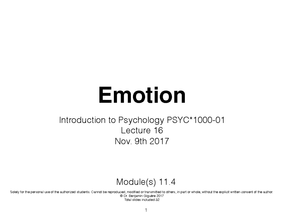 lecture-Emotions - Emotion Introduction to Psychology Lecture 16 Nov ...