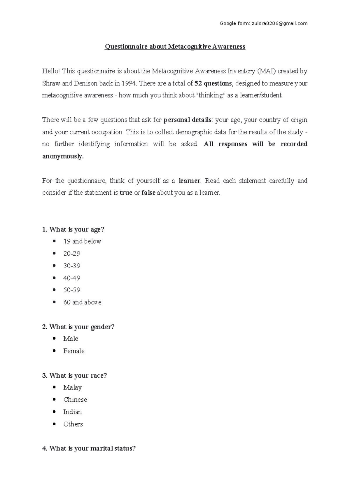 Questionnaire about Metacognitive Awareness MAI NORA - Questionnaire ...