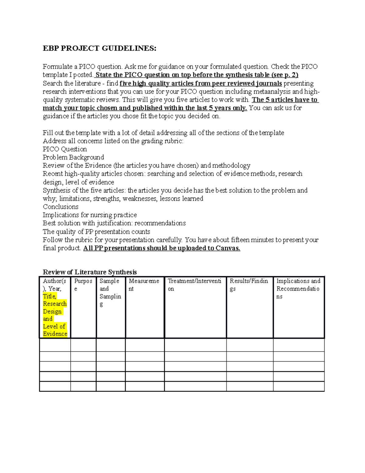 EBP Project Guidelines - EBP PROJECT GUIDELINES: Formulate a PICO ...