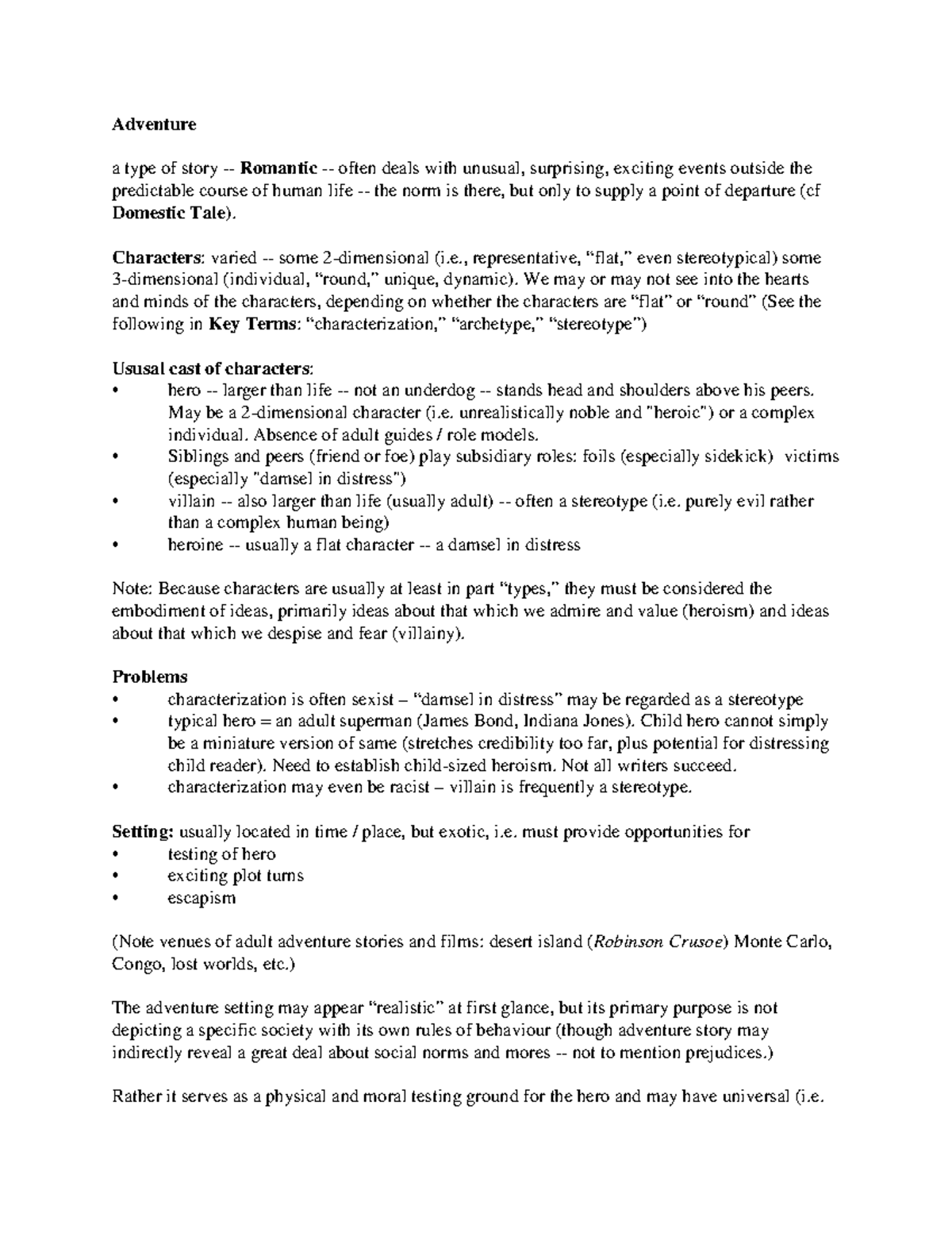 Notes on the Adventure Tale - Adventure a type of story - Romantic ...