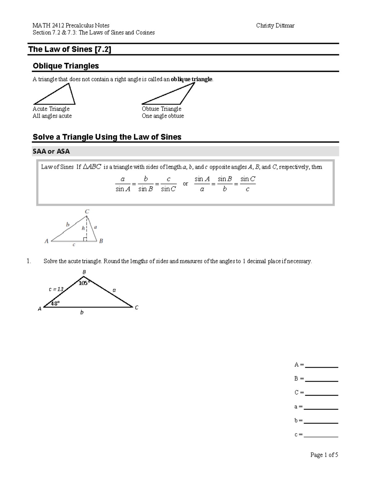 Notes 7-2 7-3 Laws of Sines and Cosines - Section 7. 2 & 7: The Laws of ...