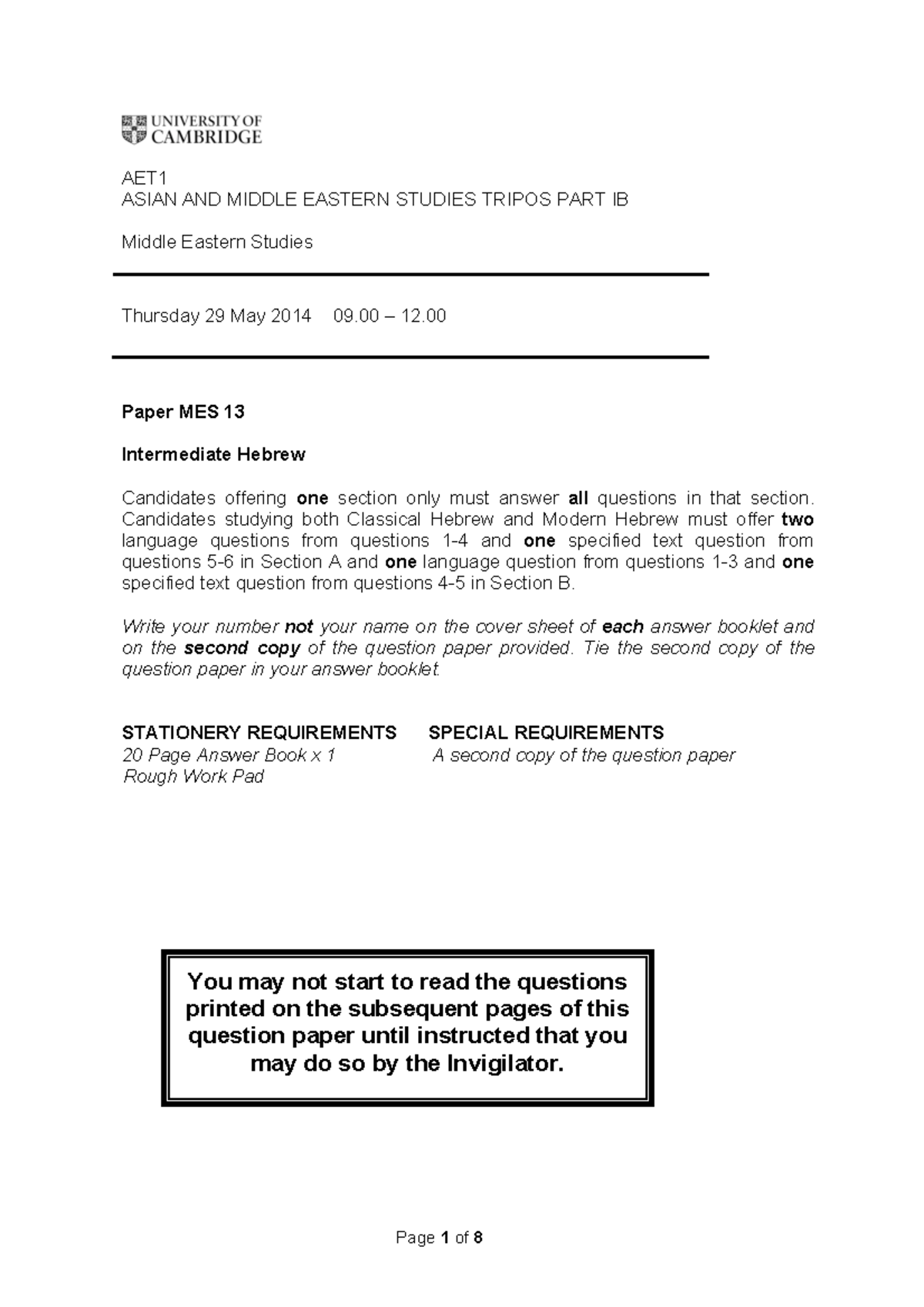 Exam 2014, questions - AET1 ASIAN AND MIDDLE EASTERN STUDIES TRIPOS PART IB Middle Eastern ...