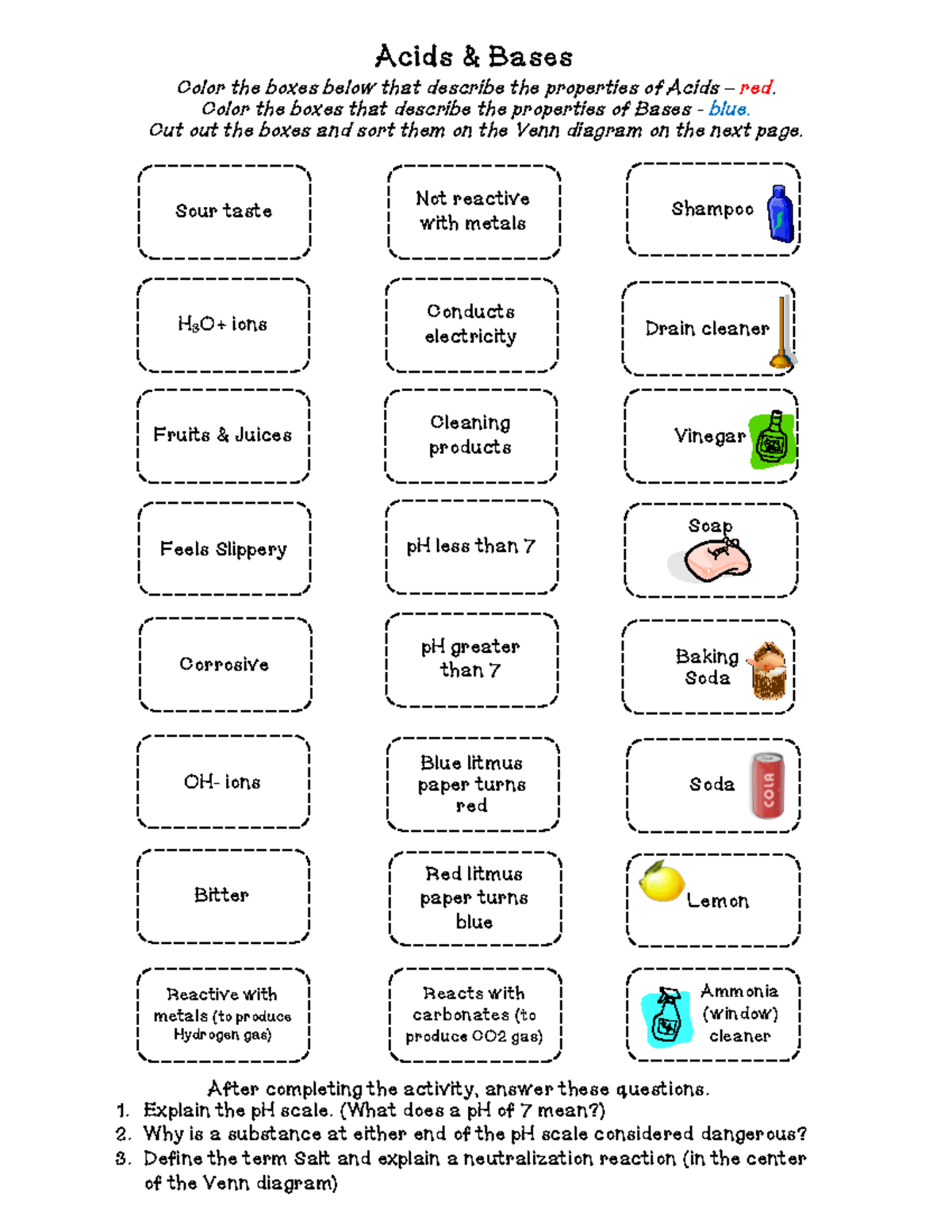PH-Diagrama Venn - Quimica - Acids & Bases Color the boxes below that ...