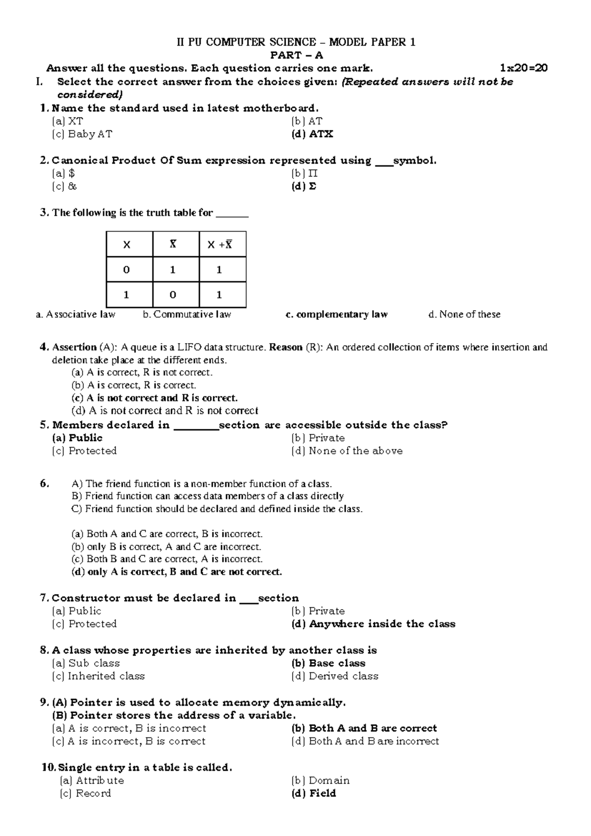 II PU Model Paper - 1 - II PU COMPUTER SCIENCE – MODEL PAPER 1 PART – A ...