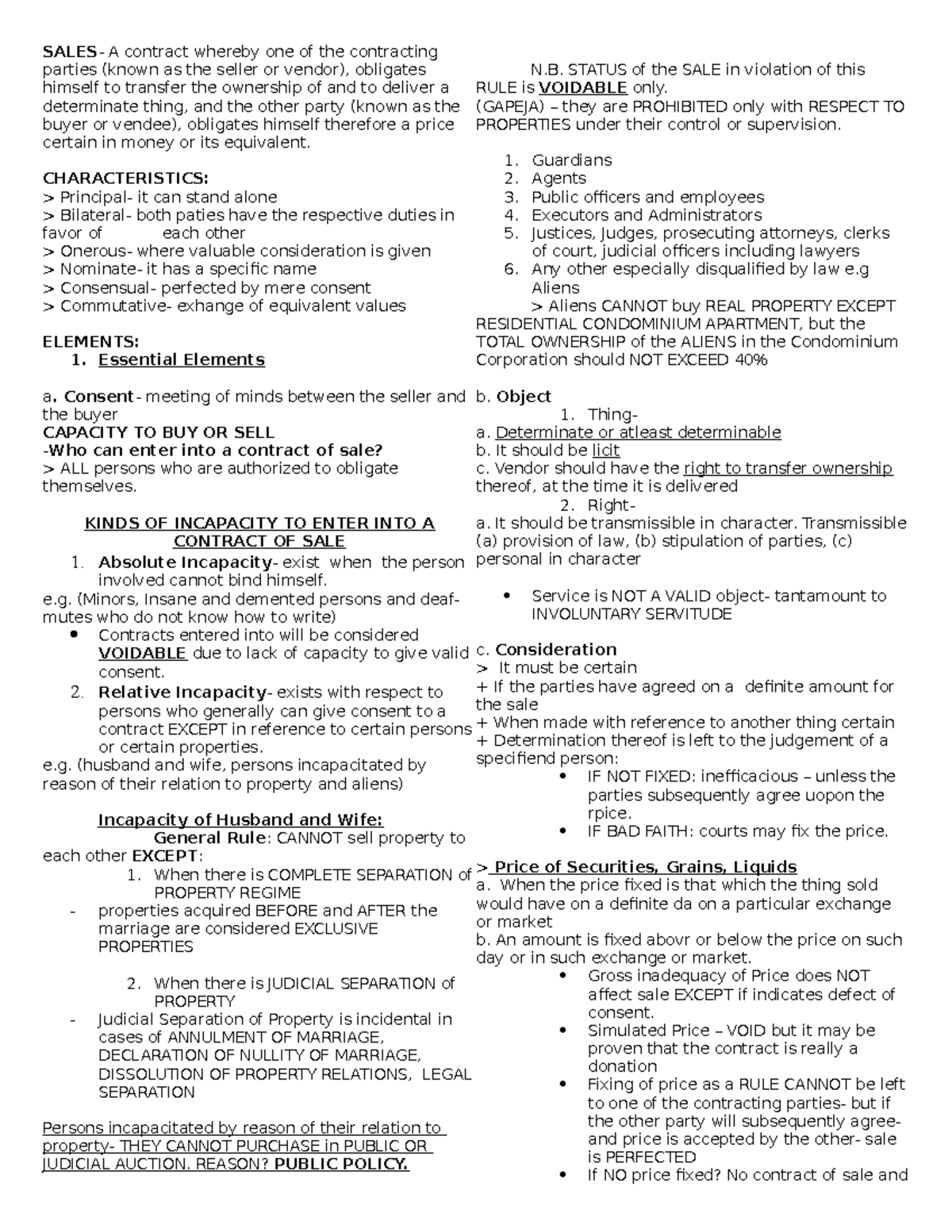 Law on Sales - Lecture notes 1 - SALES - A contract whereby one of the ...