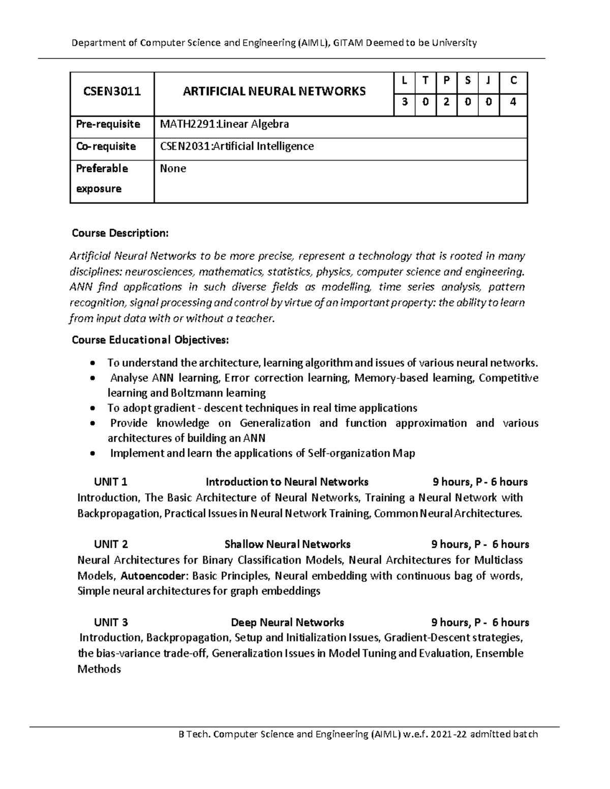 CSEN3011 - Summary Artificial Neural Networks - Department of Computer Science and Engineering ...