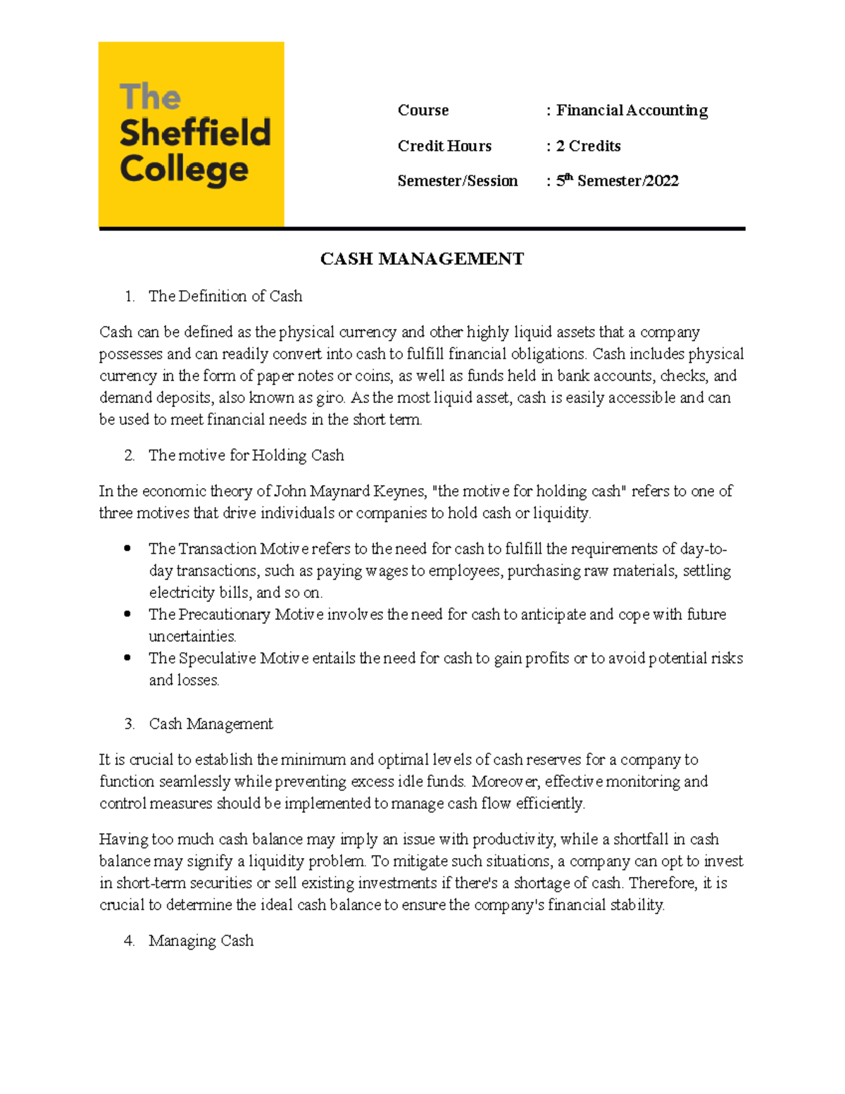 The Definition of Cash Management - Financial Accounting - Course ...