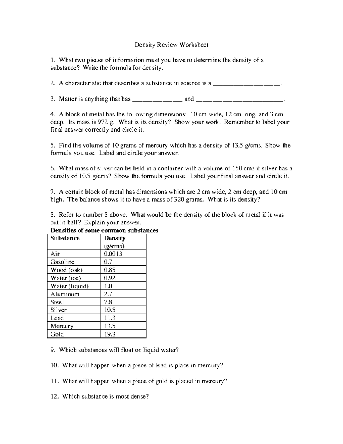 Density review worksheet - Density Review Worksheet What two pieces of ...