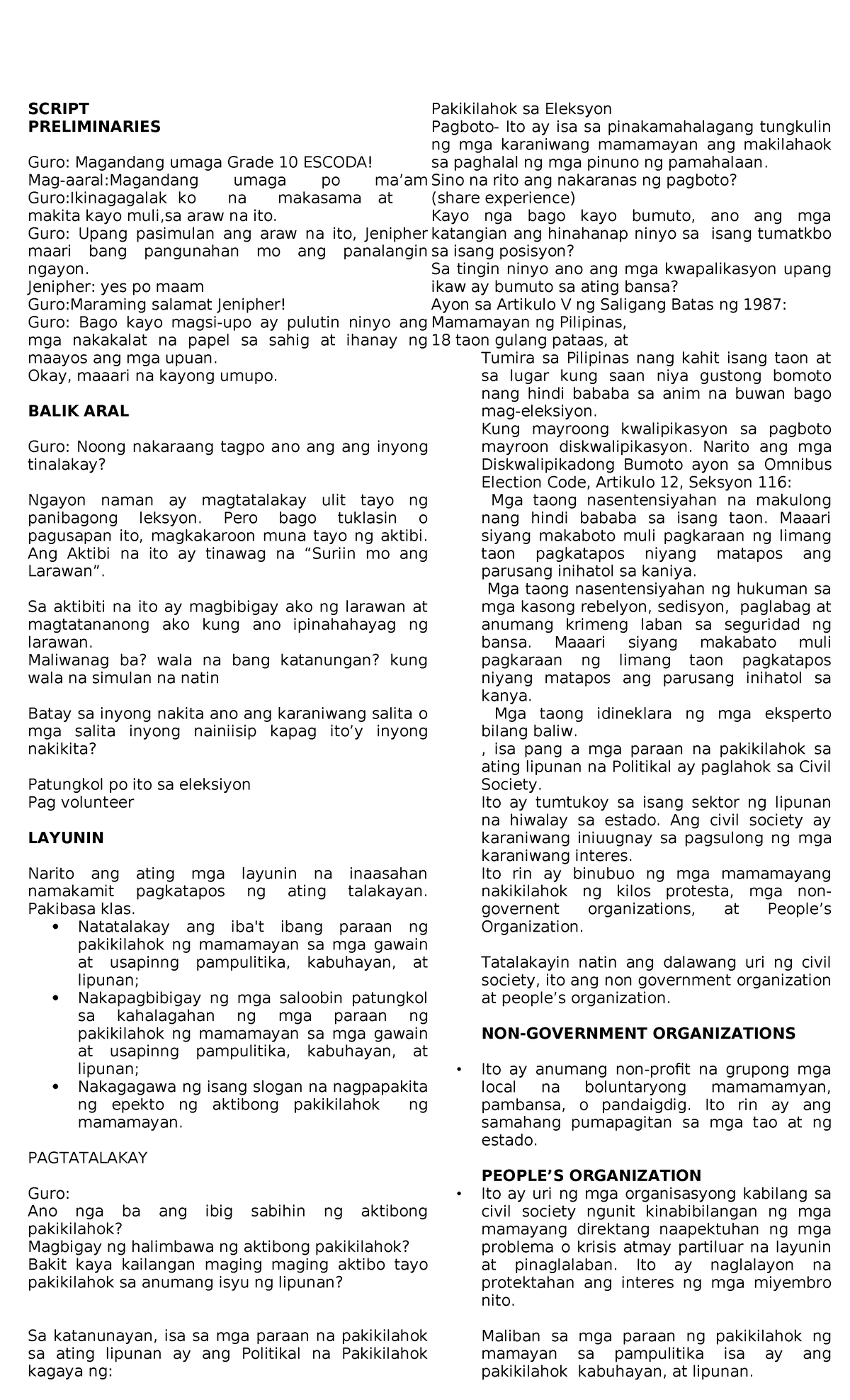 DEMOhhh - SCRIPT PRELIMINARIES Guro: Magandang umaga Grade 10 ESCODA ...