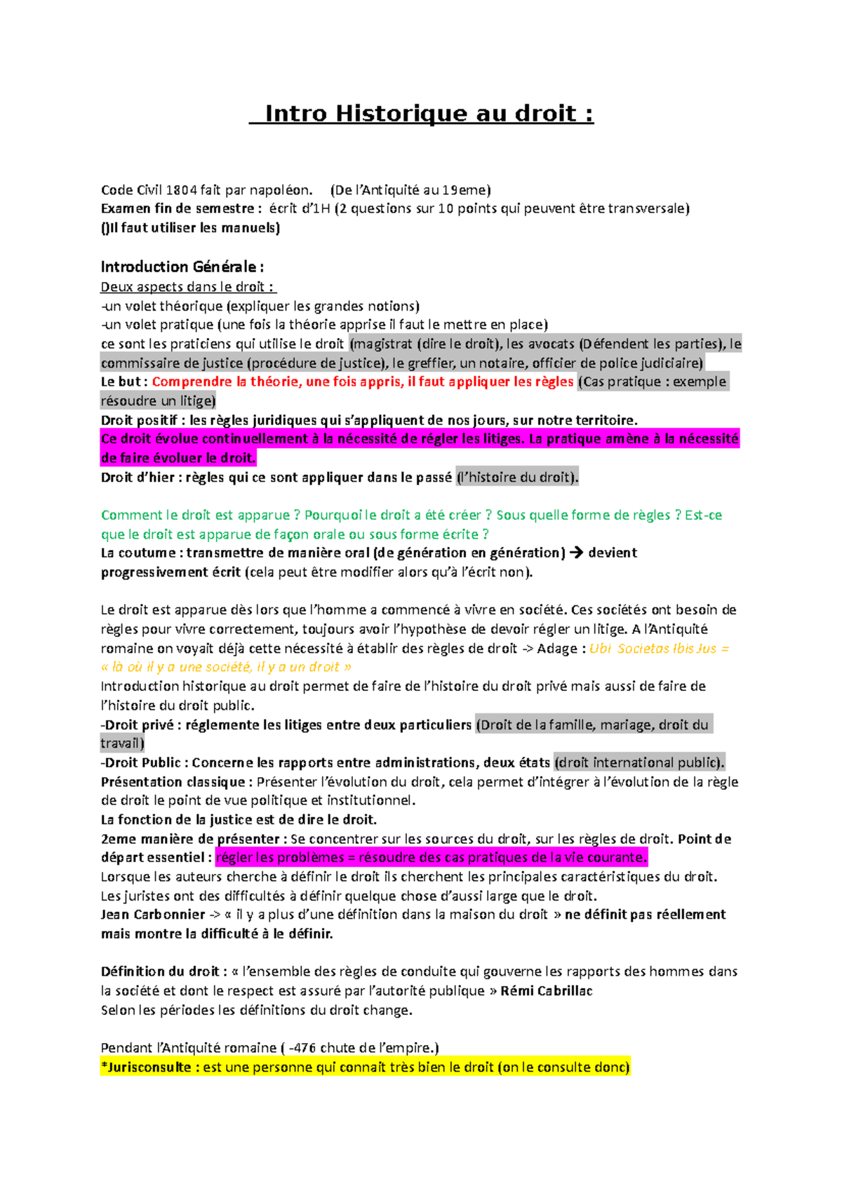 CM Introduction Historique au droit - Intro Historique au droit : Code Civil 1804 fait par ...