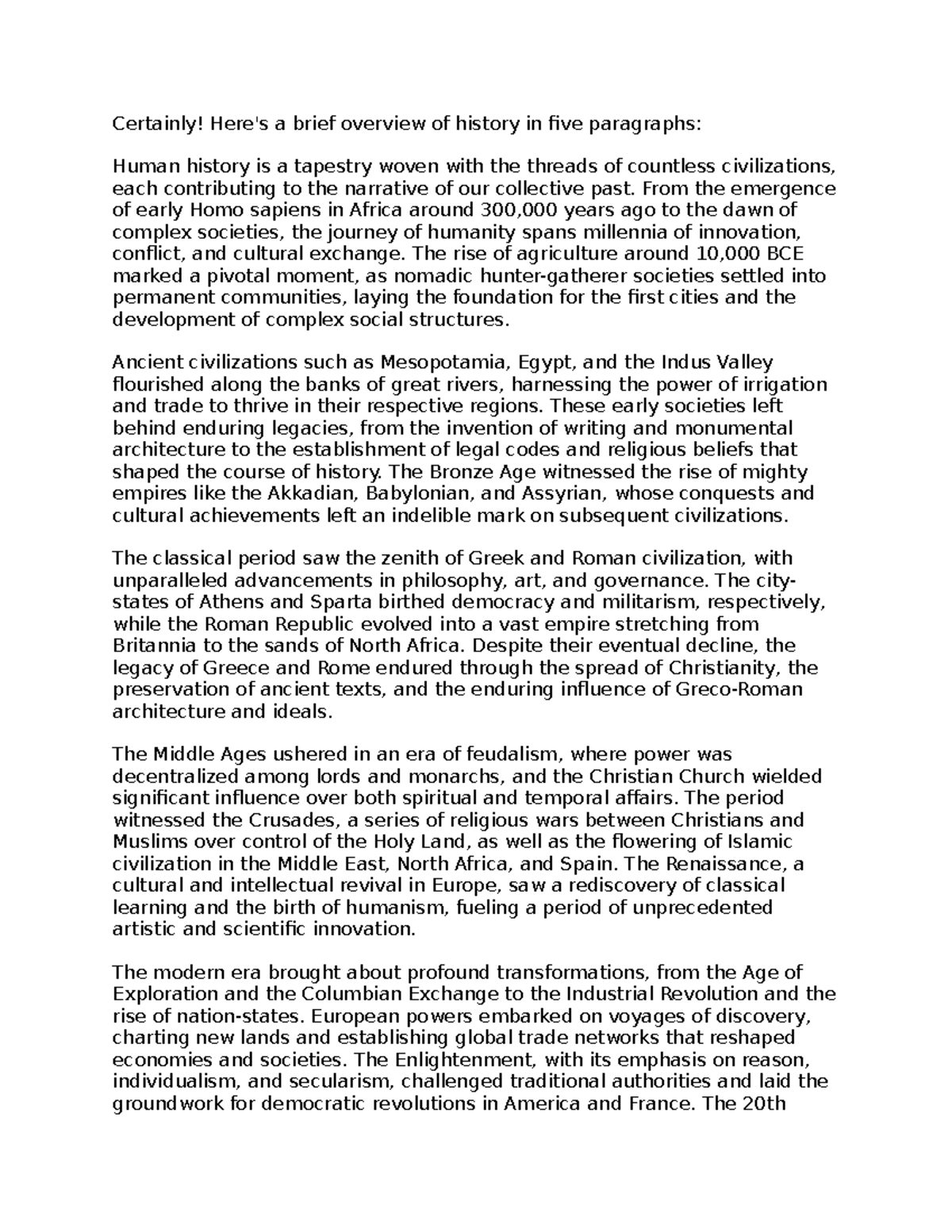 Hist 101 - hist essay - Certainly! Here's a brief overview of history ...