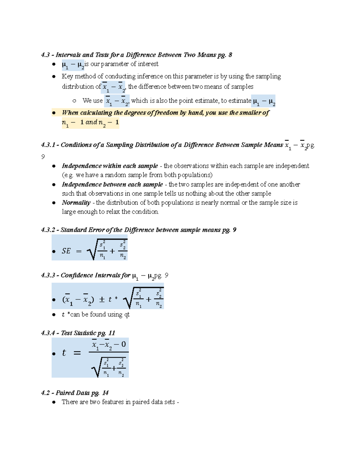 Stats Notes Chapter 4 - 4 - Intervals and Tests for a Difference ...