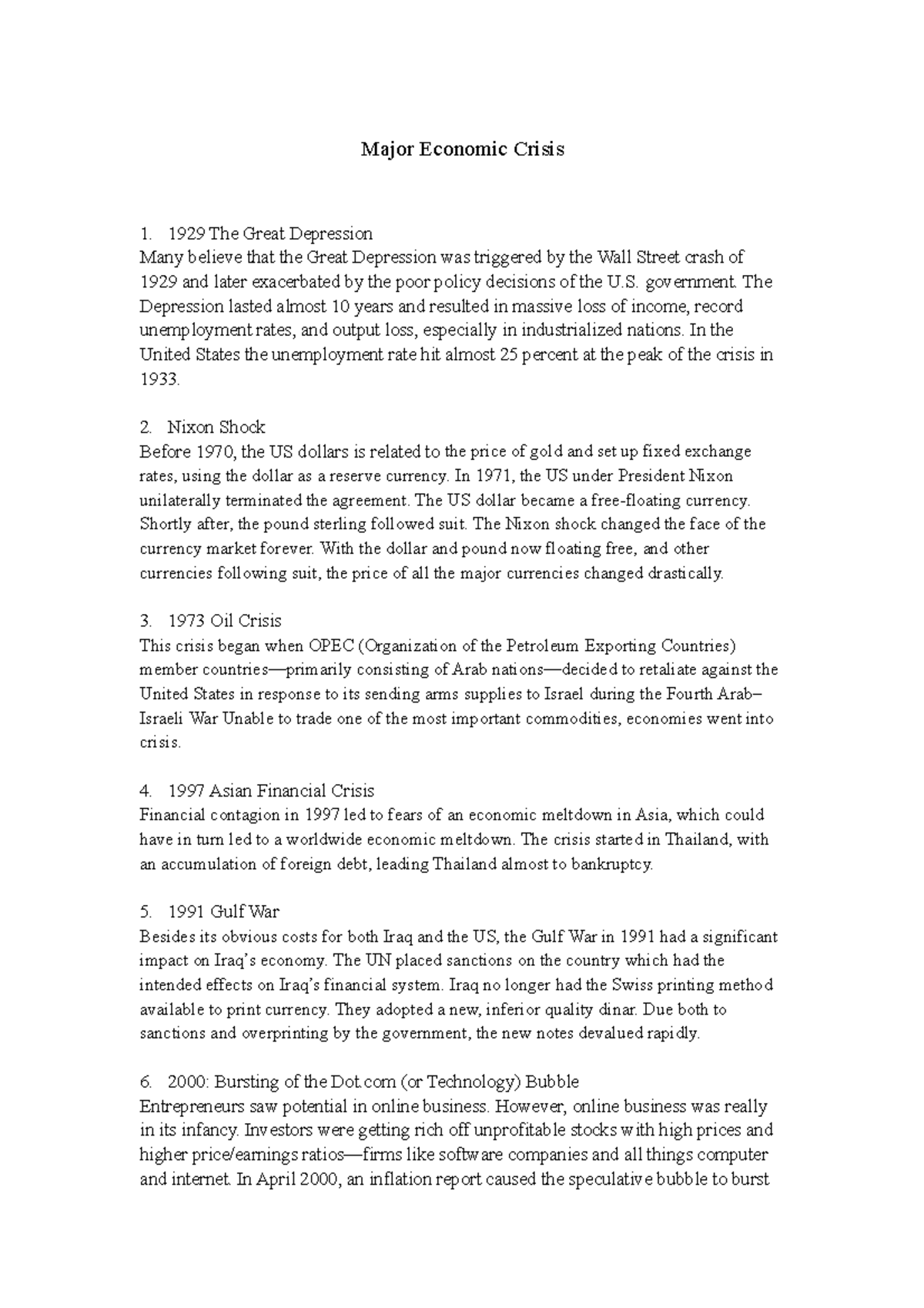 Major Economic Crisis - Major Economic Crisis 1929 The Great Depression ...