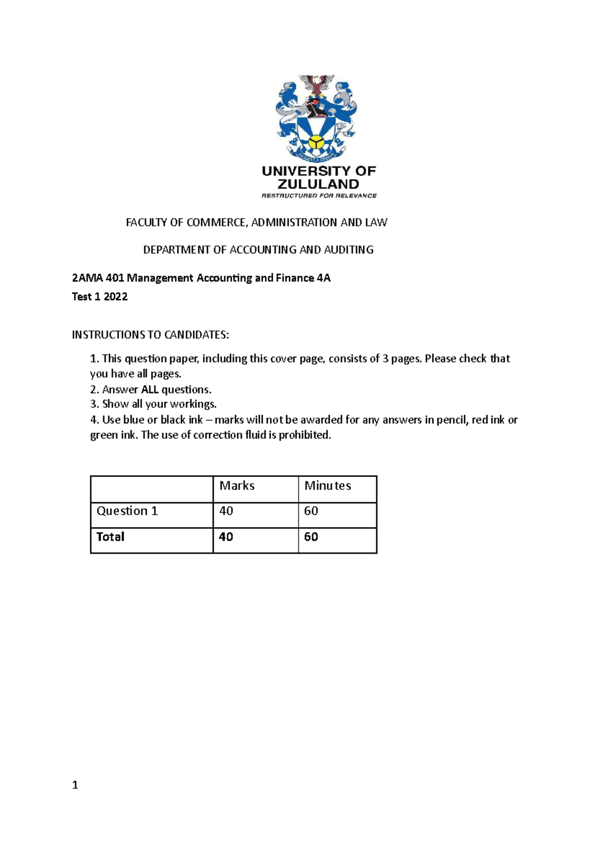 Test 1 - Test 1 - FACULTY OF COMMERCE, ADMINISTRATION AND LAW ...