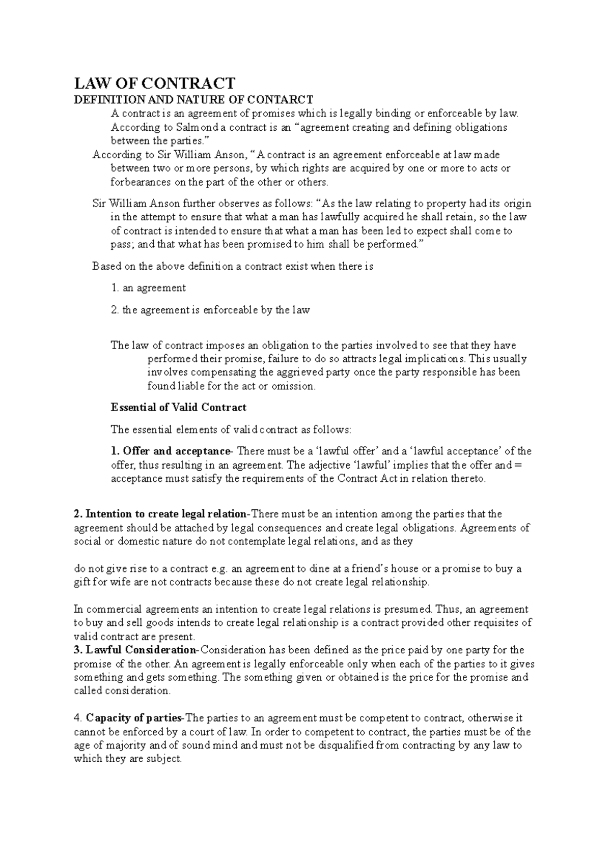 LAW OF Contrac 1 - LAW OF CONTRACT DEFINITION AND NATURE OF CONTARCT A ...