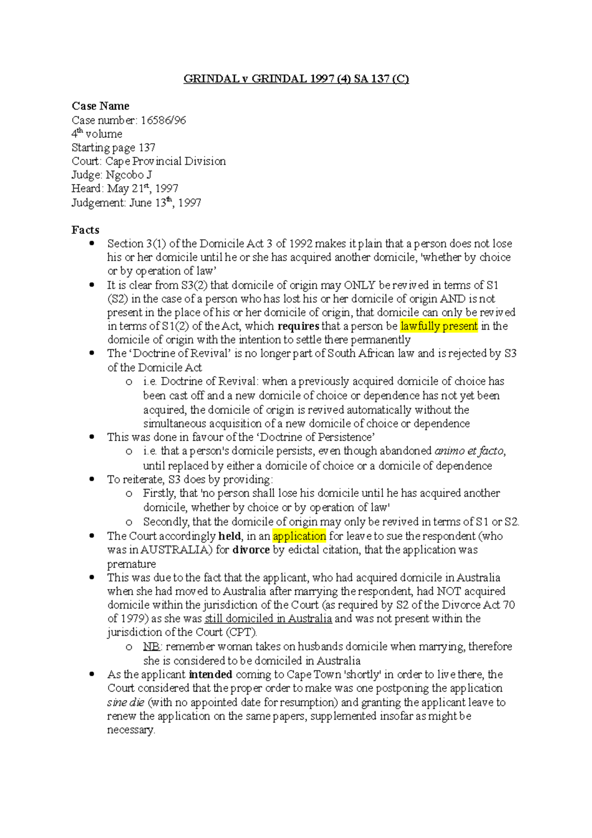 Grindal v Grindal 1997 - GRINDAL v GRINDAL 1997 (4) SA 137 (C) Case ...