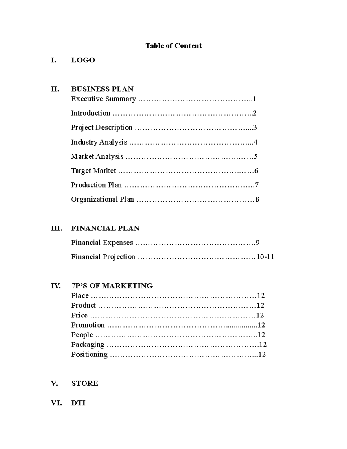 Business plan ni kathleen - Table of Content I. LOGO II. BUSINESS PLAN ...