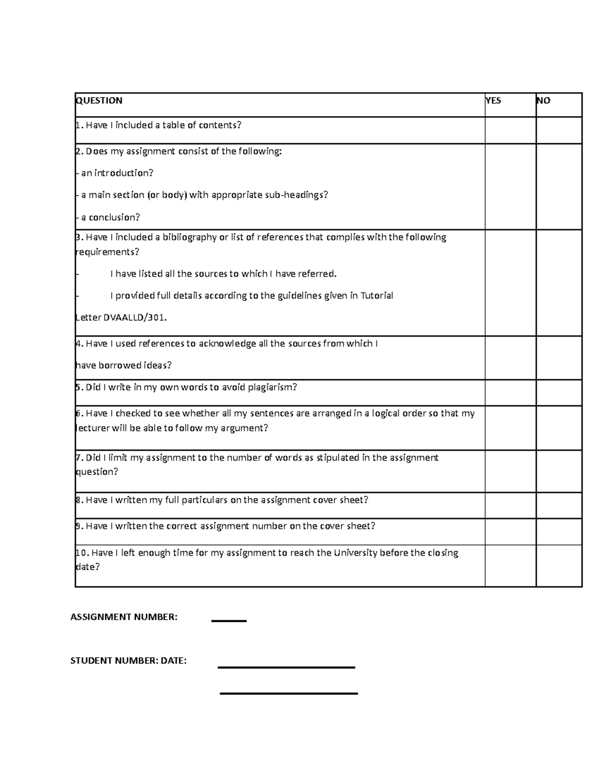 DVA4803 Addendum - QUESTION YES NO Have I included a table of contents ...