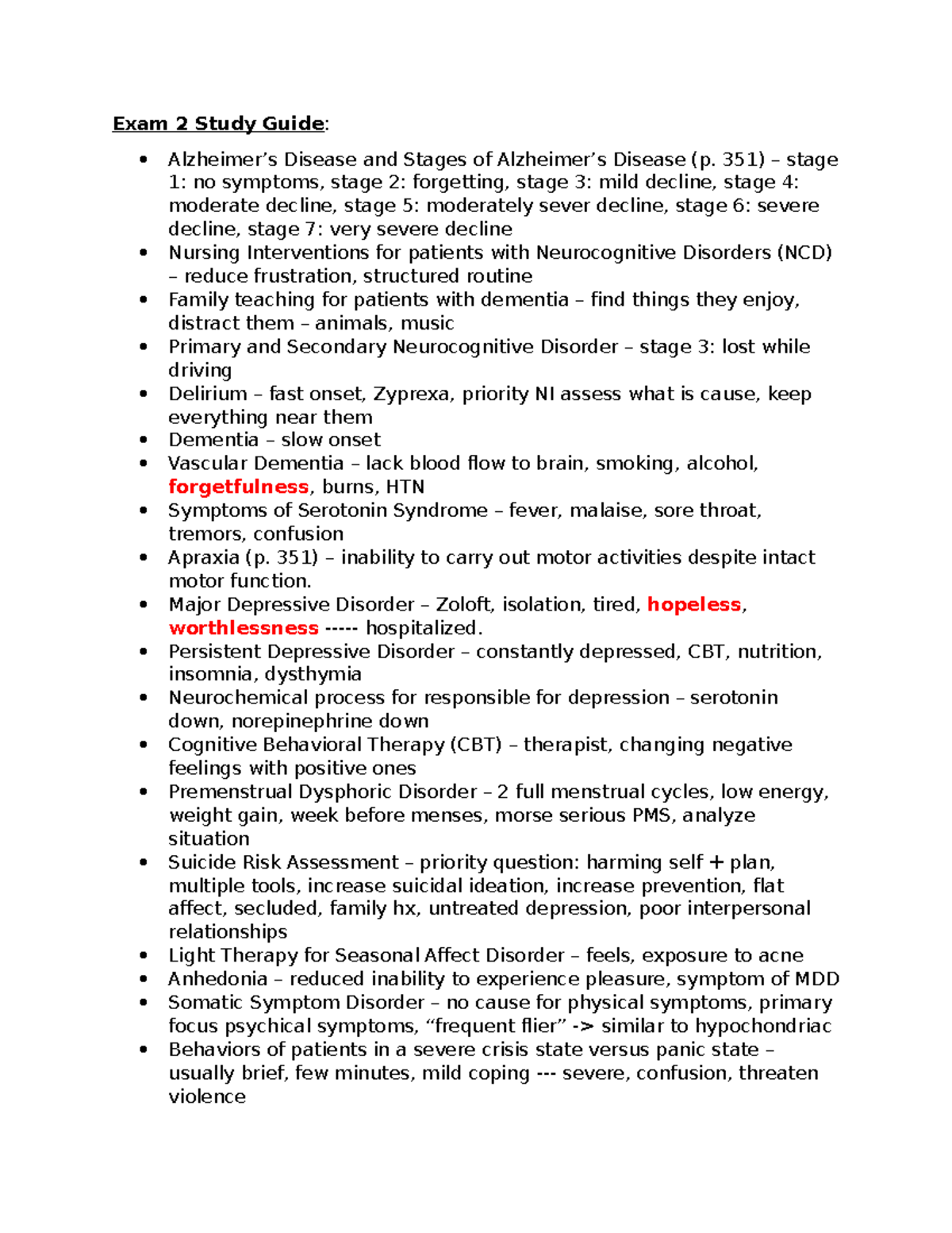 Exam 2 Study Guide - Exam 2 Study Guide: Alzheimer’s Disease and Stages ...