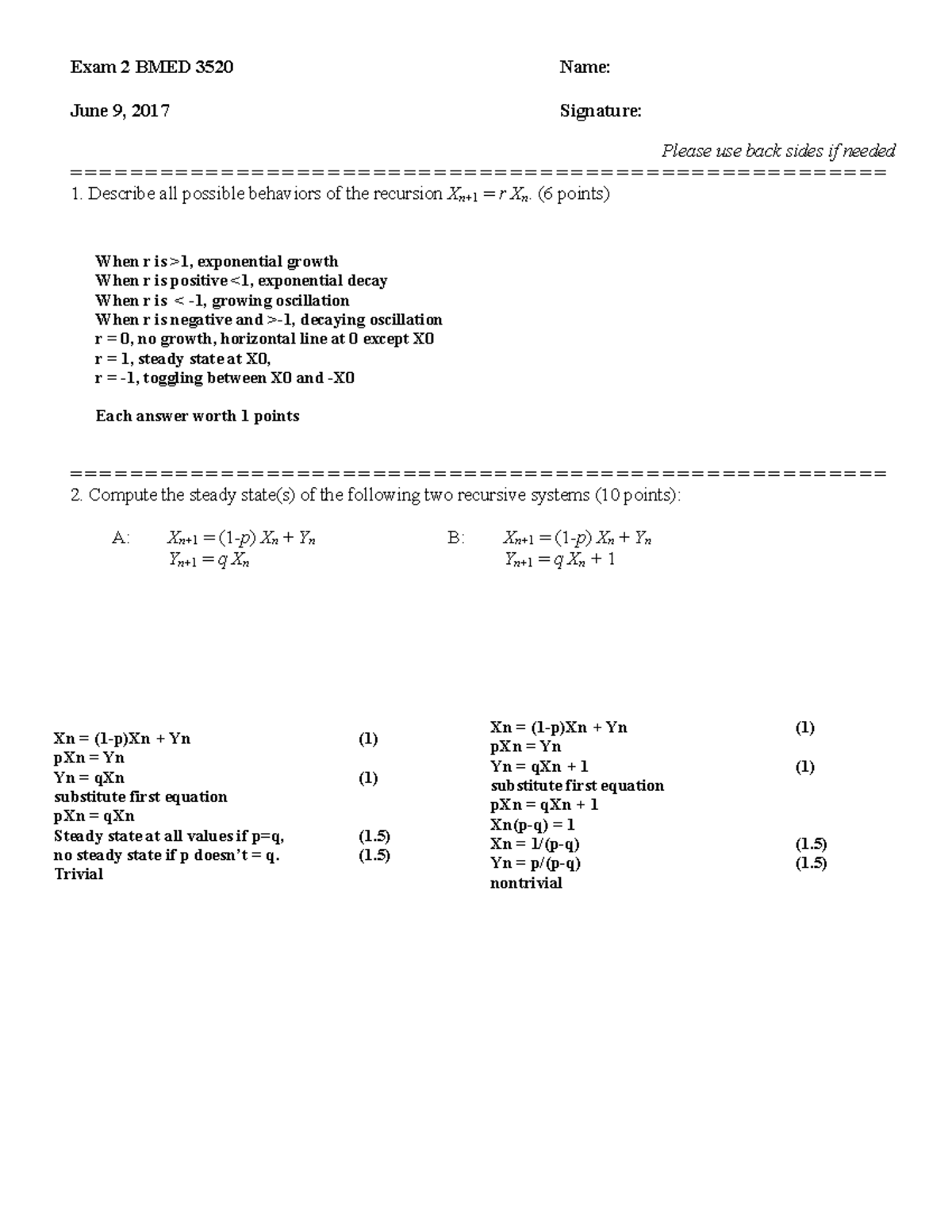 Exam Summer 2017, questions and answers - Exam 2 BMED 3520 Name: June 9 ...