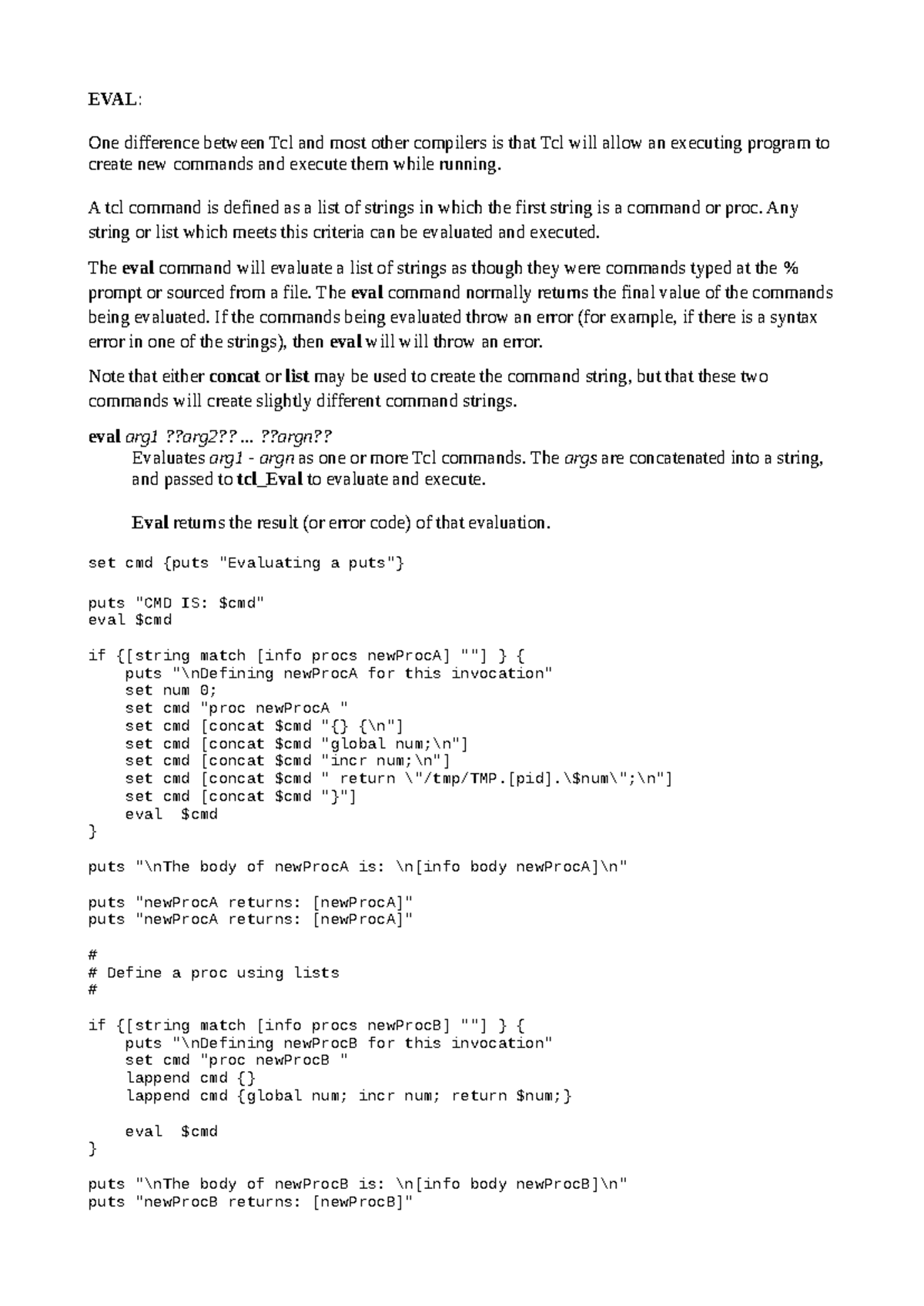 Advanced TCL - 5 units notes - EVAL: One difference between Tcl and ...