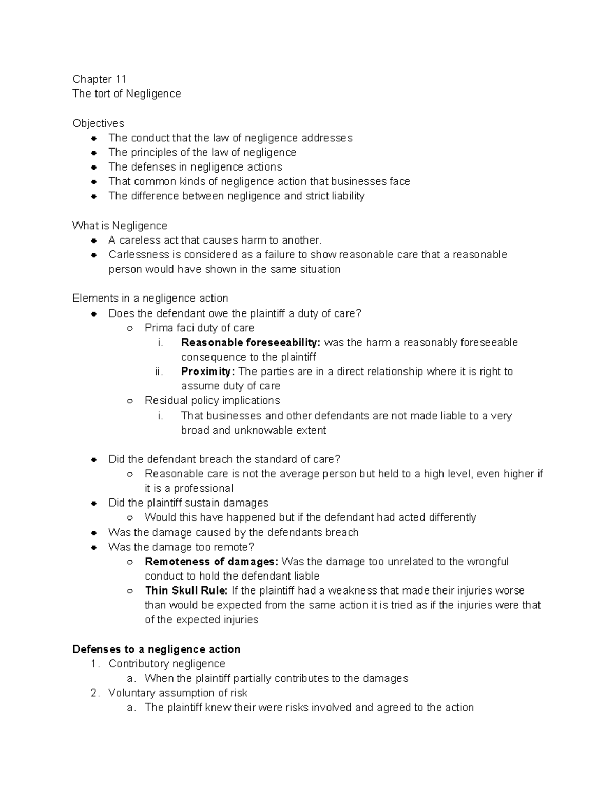 Chapter 11 - Chapter 11 The tort of Negligence Objectives The conduct ...