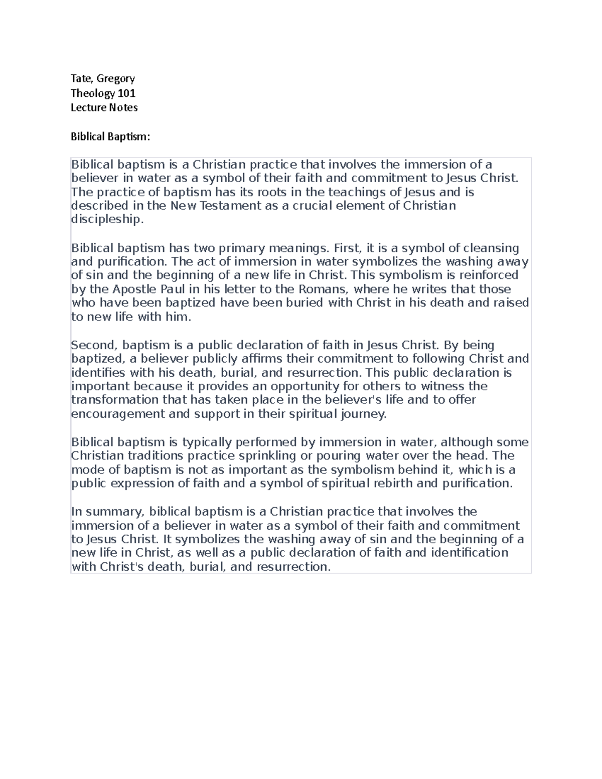 Theology 101:Biblical Baptism - Tate, Gregory Theology 101 Lecture ...