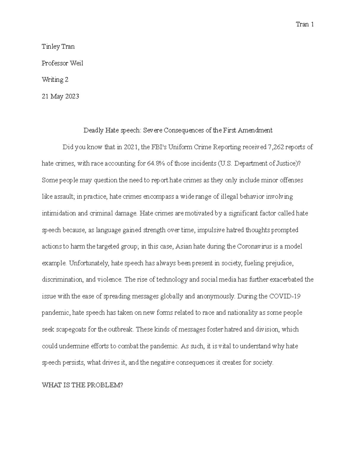 Full Research Paper of Hate Speech - Tinley Tran Professor Weil Writing ...