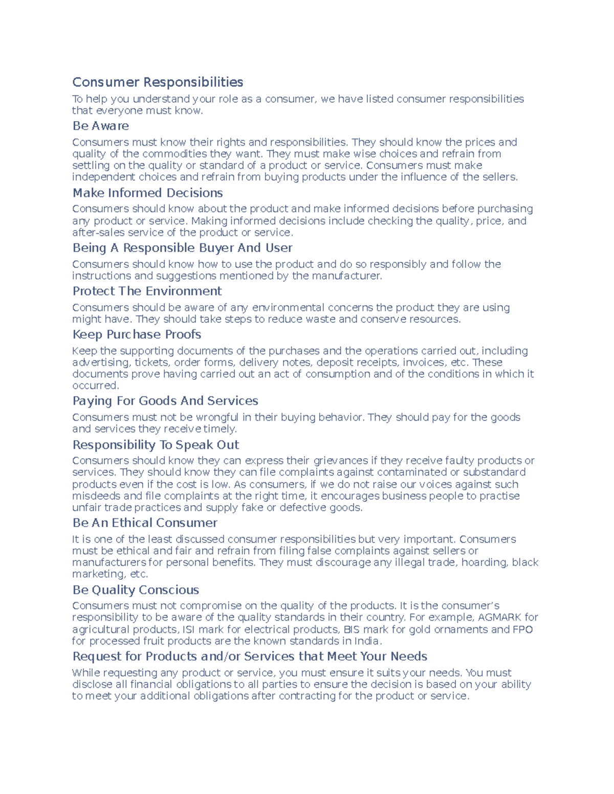 Consumer Responsibility - Consumer Responsibilities To help you ...