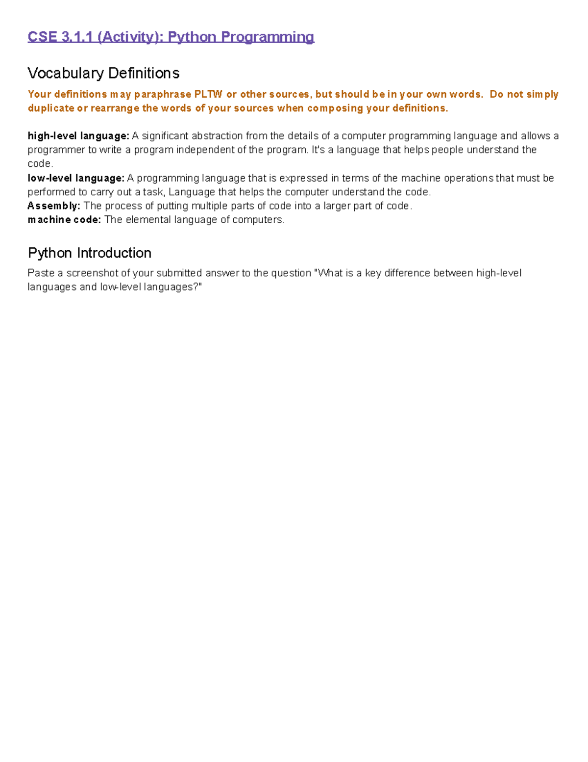 Copy Of 3 1 1 Python Programming Cse 3 1 Activity Python Programming Vocabulary Definitions