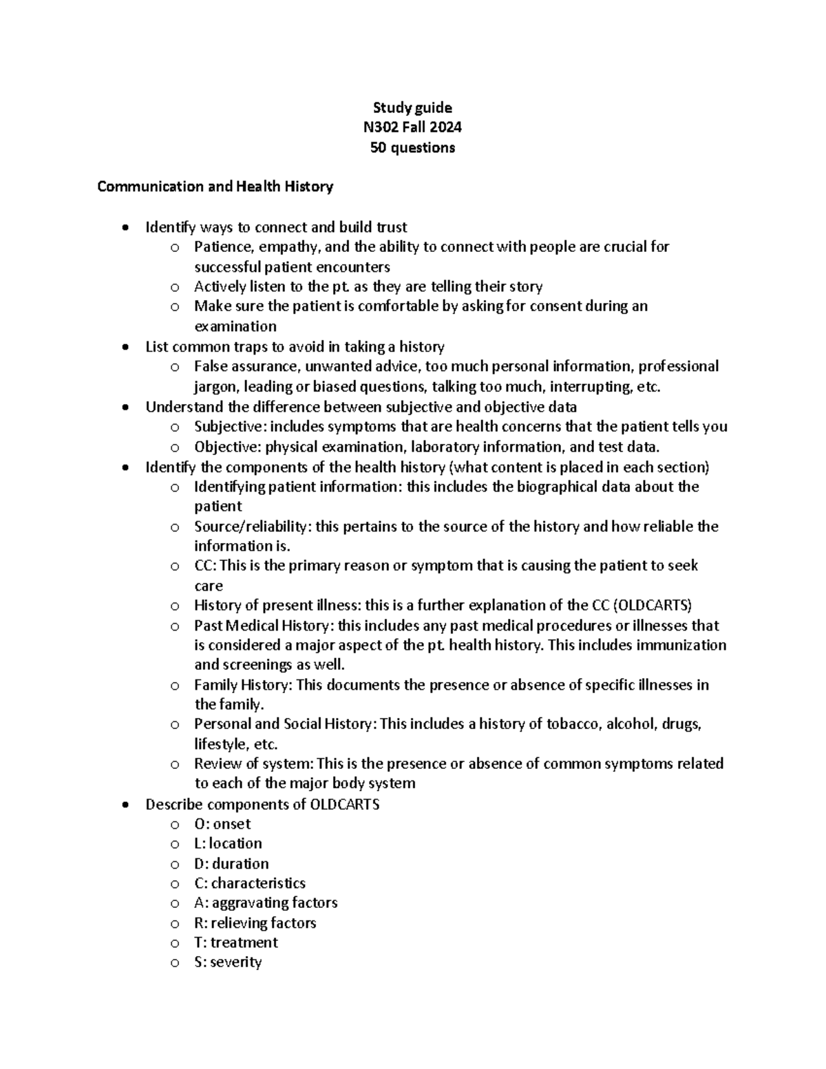 HA Exam I Study Guide fall 2024 - Study guide N302 Fall 2024 50 ...