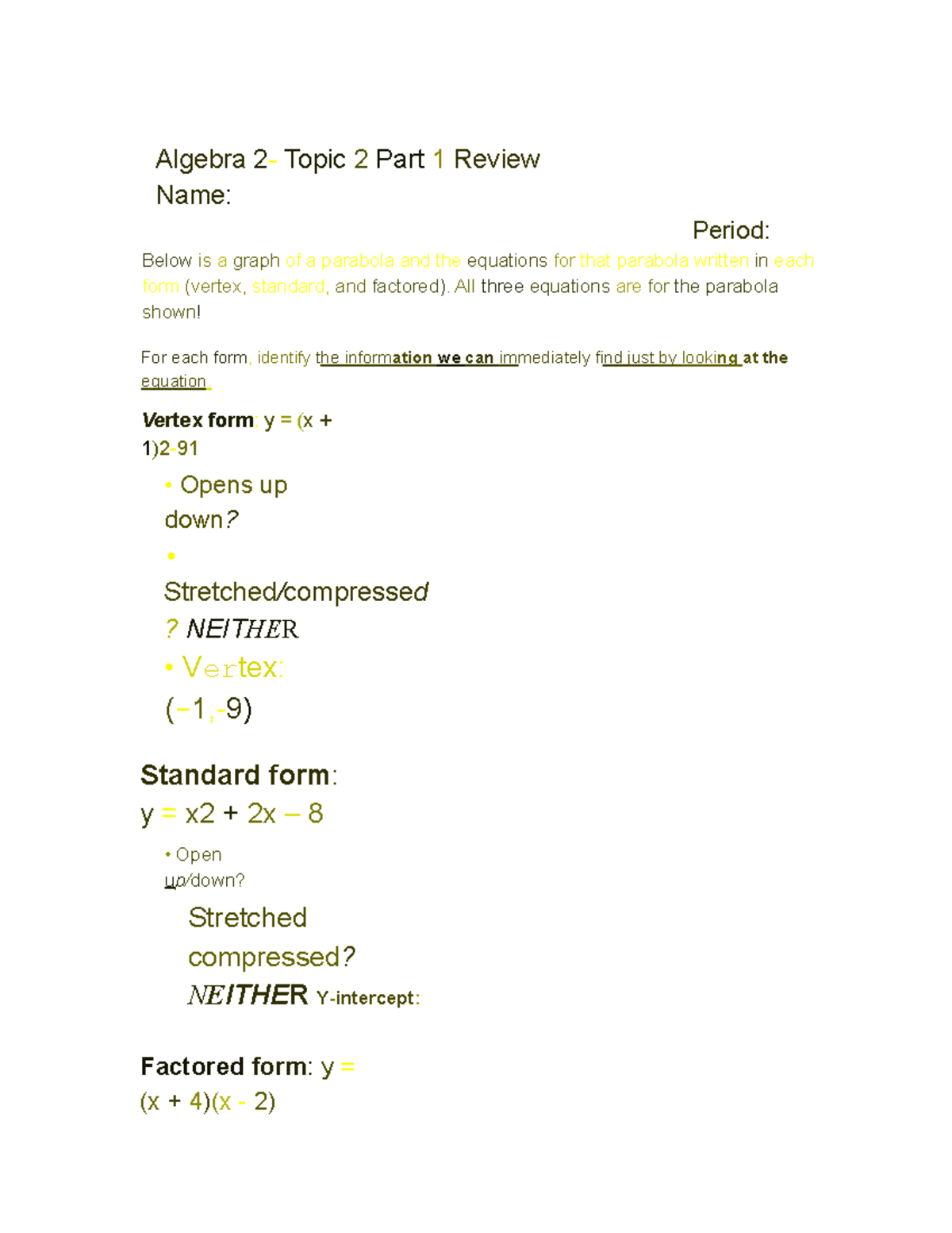 Topic 2 Part 1 Review Solutions - Algebra 2 - Topic 2 Part 1 Review Name: Period: Below is a ...
