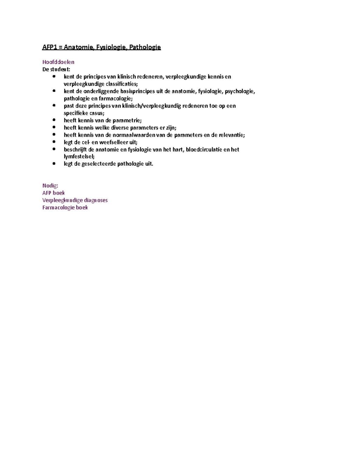 AFP1 les 1 parameters - AFP1 = Anatomie, Fysiologie, Pathologie ...