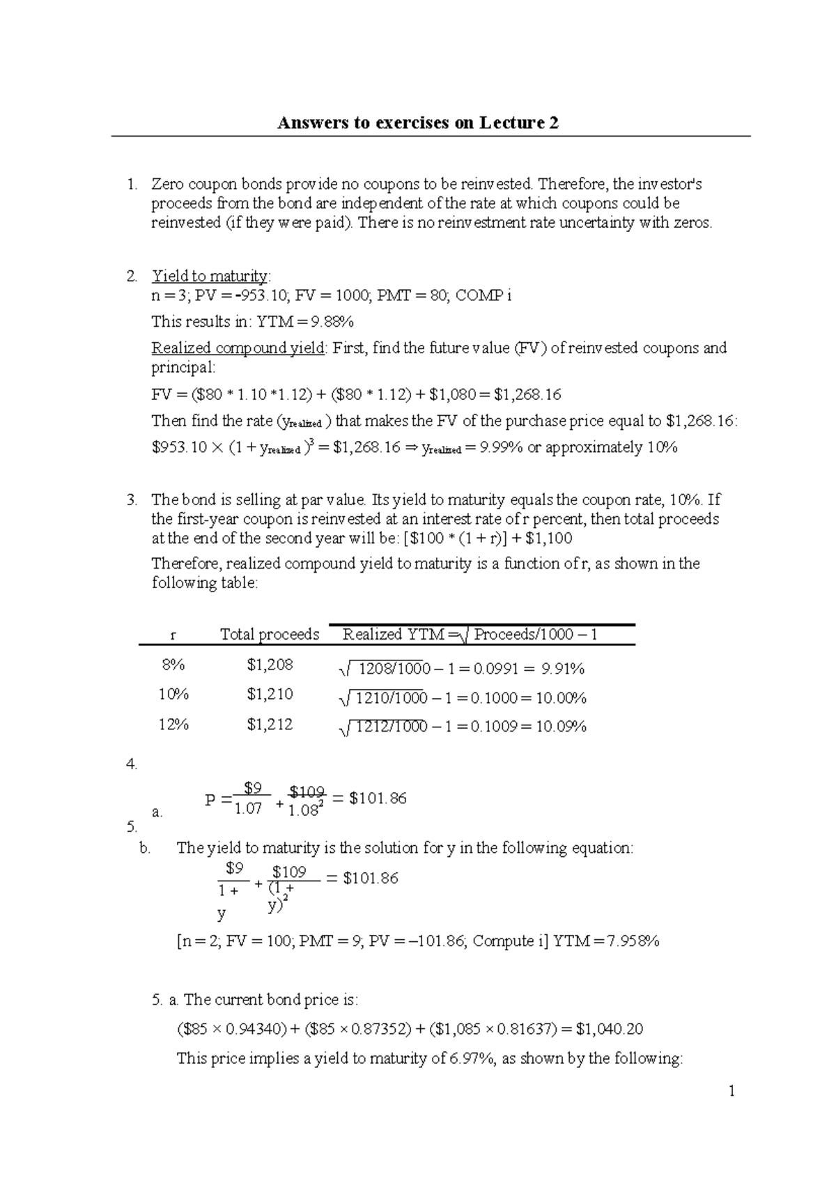 Answers to EX lecture 2- word - 1 Answers to exercises on Lecture 2 Zero coupon bonds provide no ...