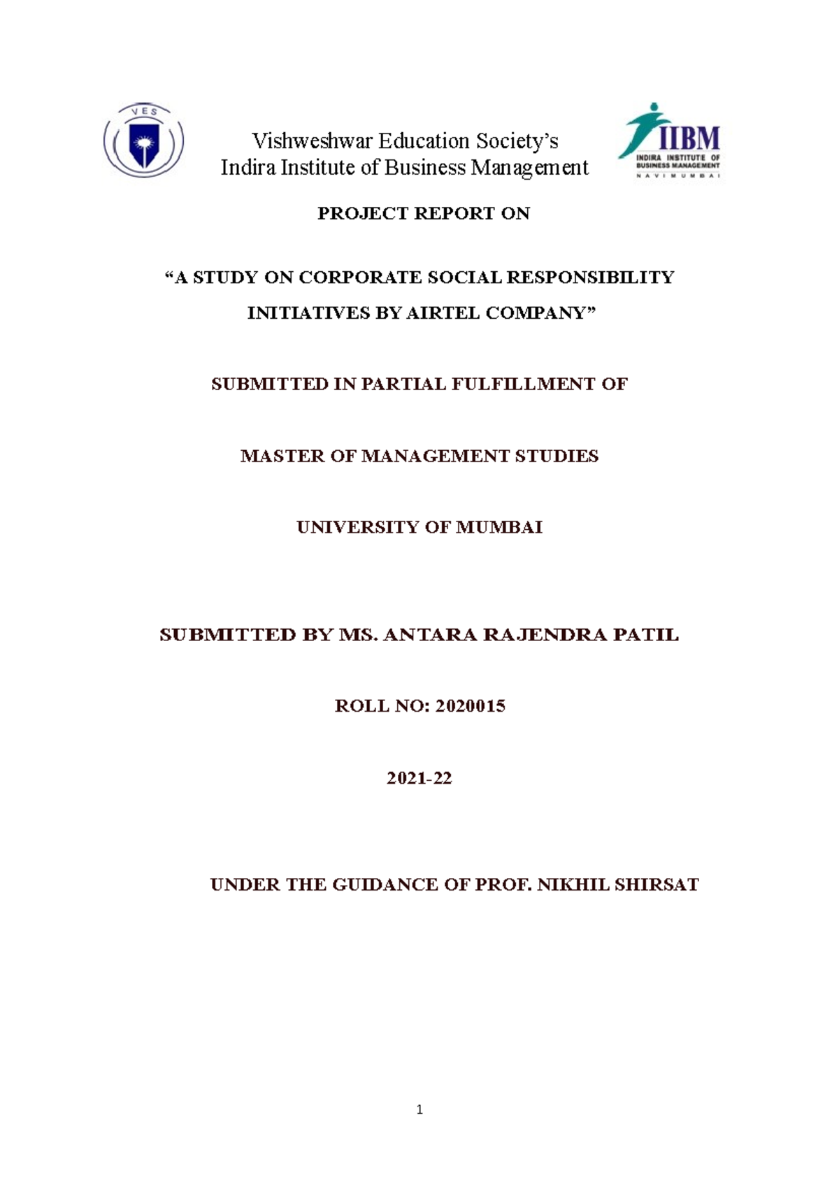 CSR OF Airtel - CSR activity - Vishweshwar Education Society’s Indira ...