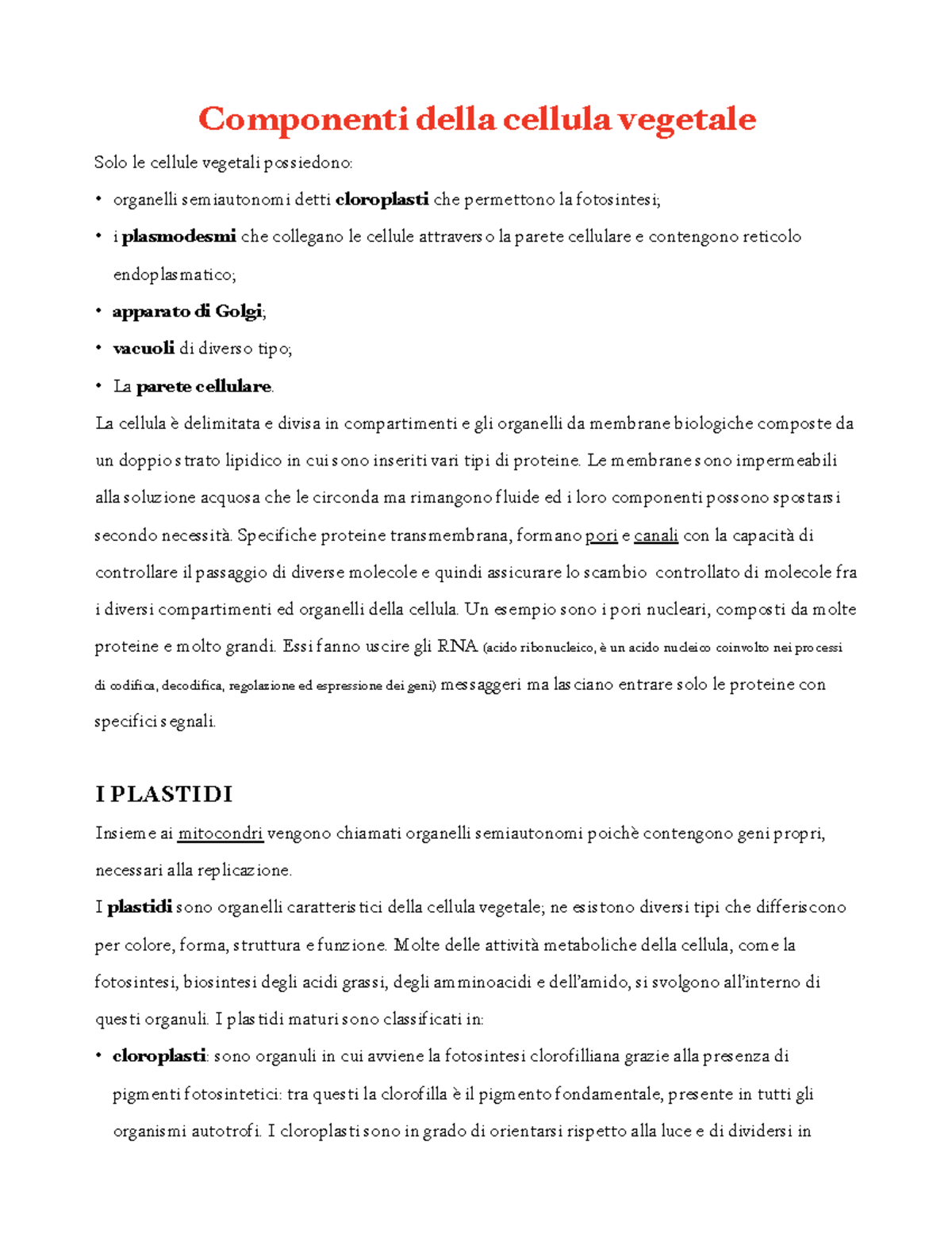 Lezione 4. I Plastidi - Componenti della cellula vegetale Solo le ...