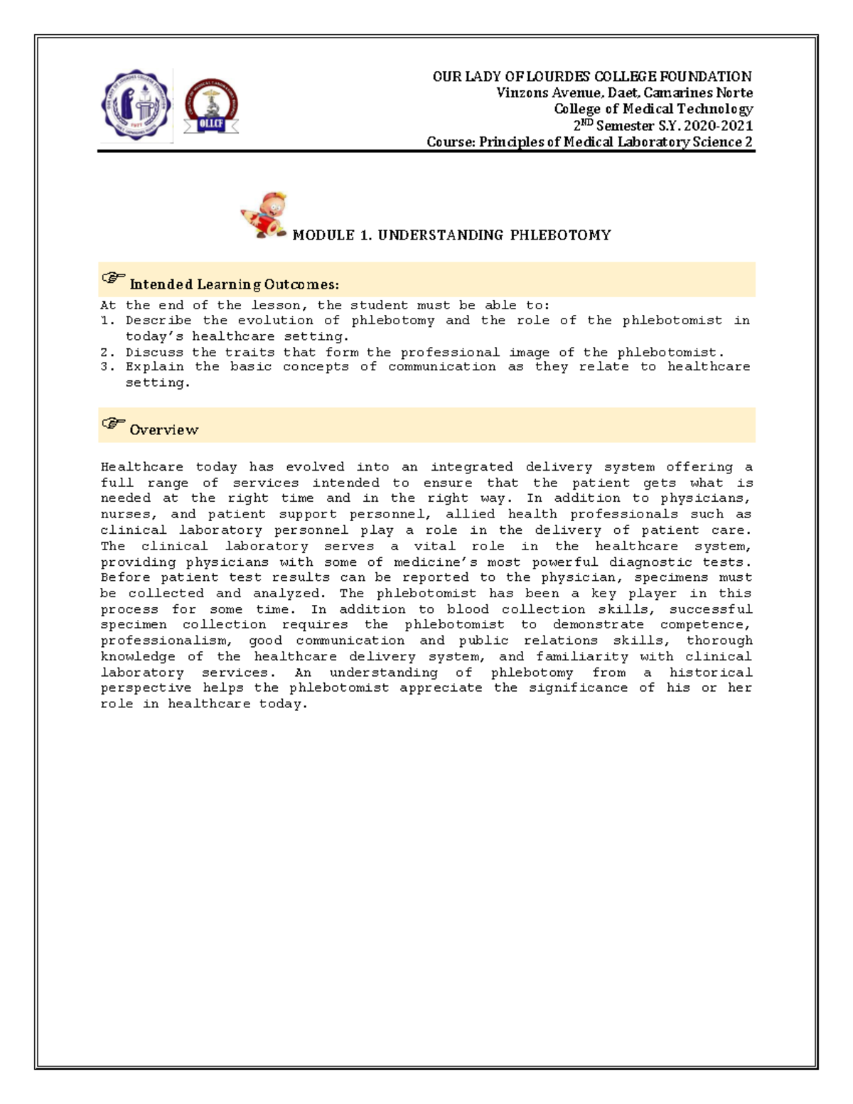 1 Module Principles of Medical Laboratory Science Practice2 - OUR LADY ...