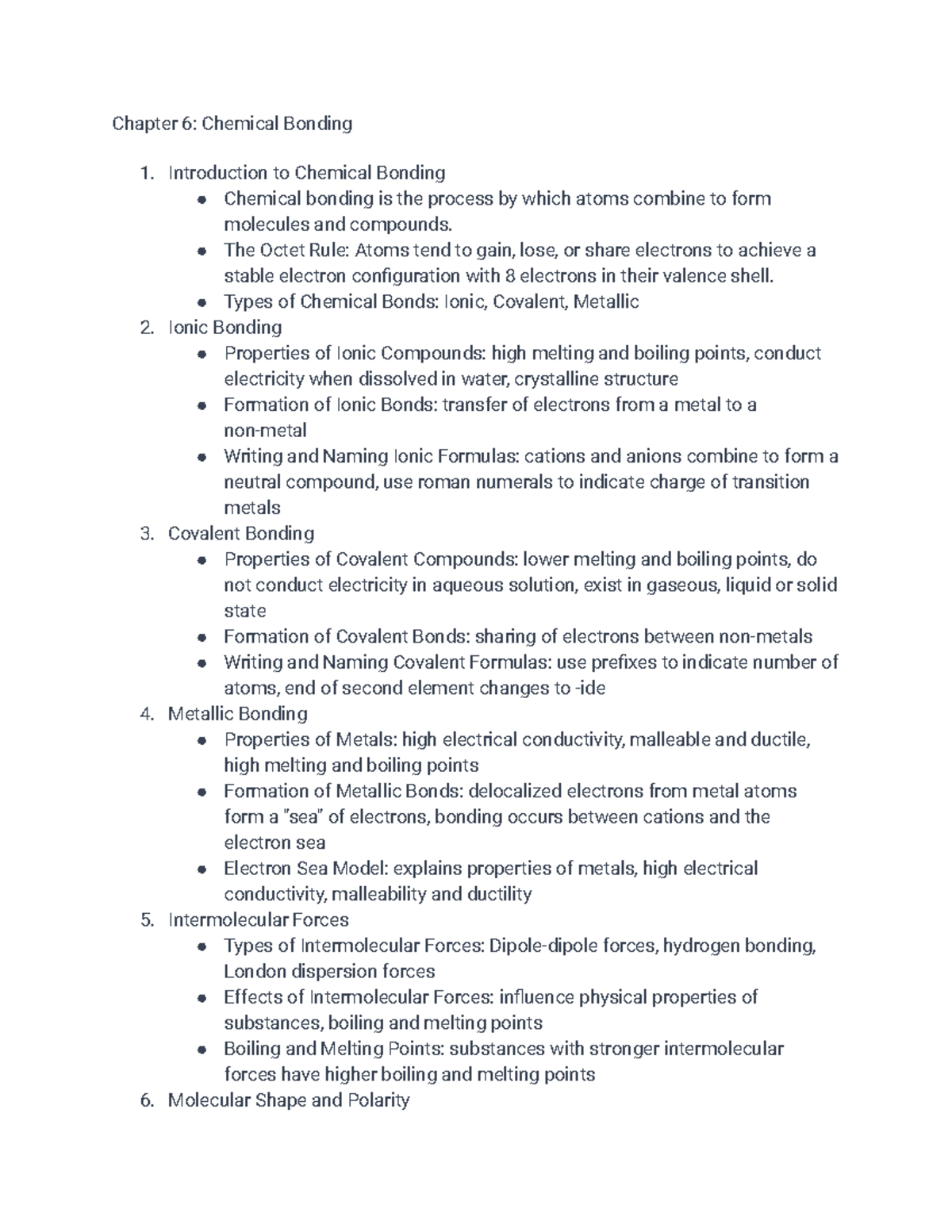 Chem 6 - Notes for chemistry chapter 6 - Chapter 6: Chemical Bonding ...