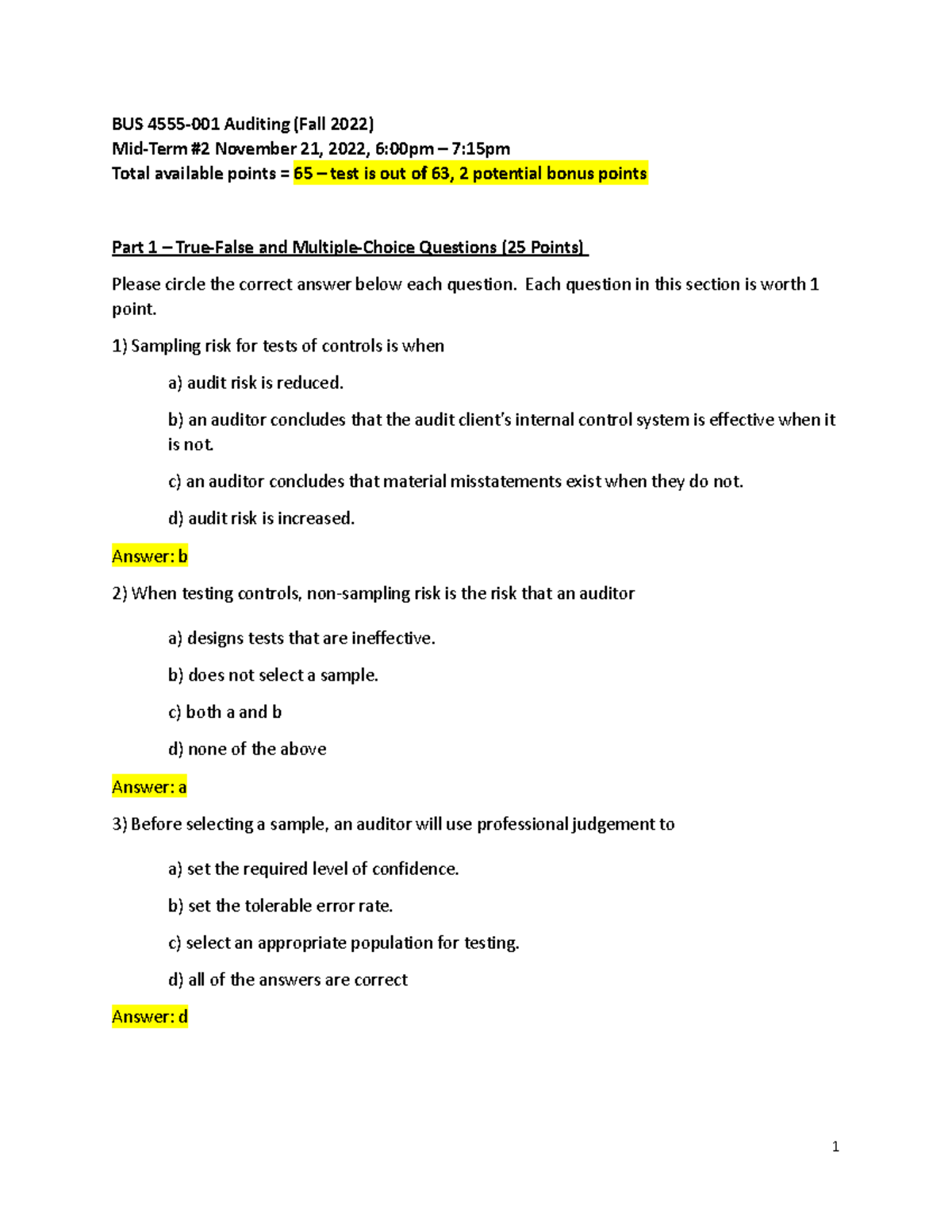 Mid-term #2 - key - notes - BUS 4555-001 Audi琀椀ng (Fall 2022) Mid-Term ...