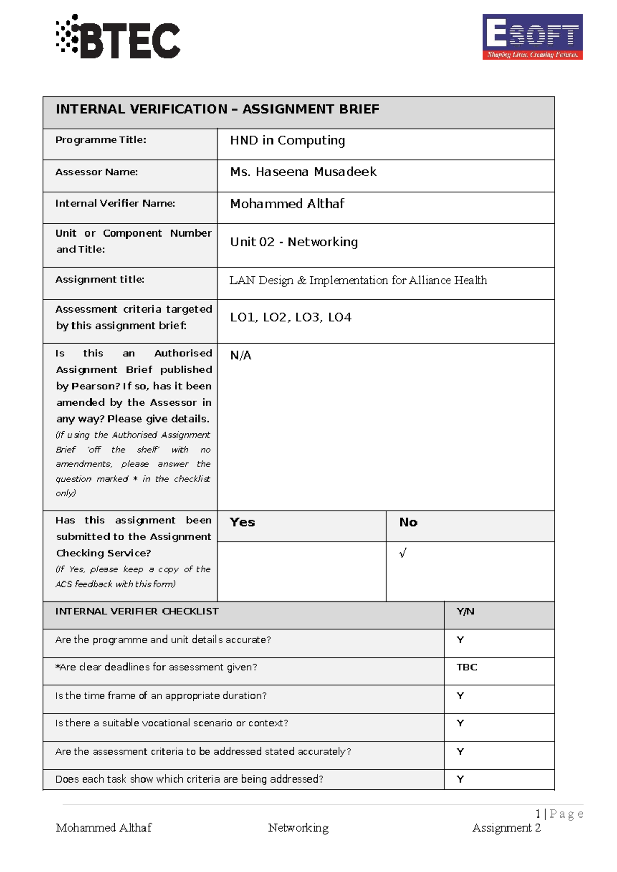 Unit 02 Networking - Mohammed Althaf - INTERNAL VERIFICATION – ASSIGNMENT BRIEF Programme Title ...