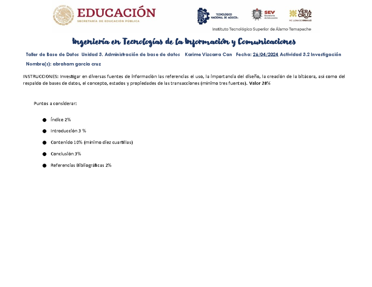 ACT3 - practica - Puntos a considerar: Índice 2% Introducción 3 % Contenido 10% (mínimo diez ...