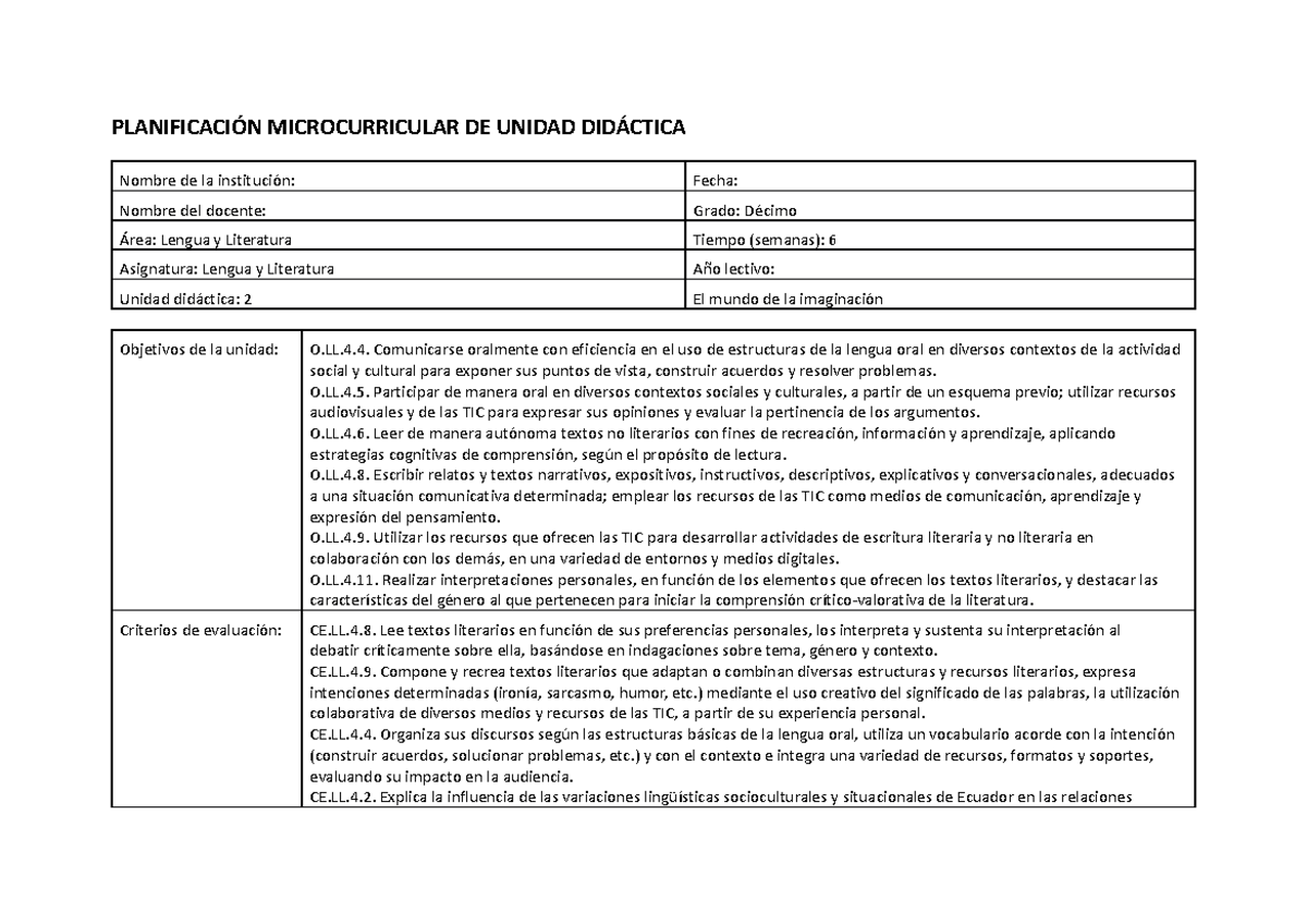 Plan L10 U2-Plan - plani - PLANIFICACIÓN MICROCURRICULAR DE UNIDAD DIDÁCTICA Nombre de la - Studocu