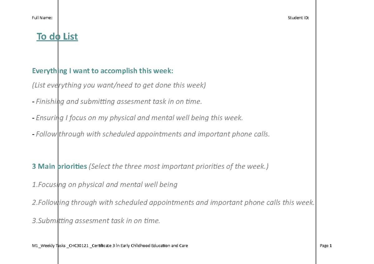 Weekly to do list template - Full Name: Student ID: To do List ...