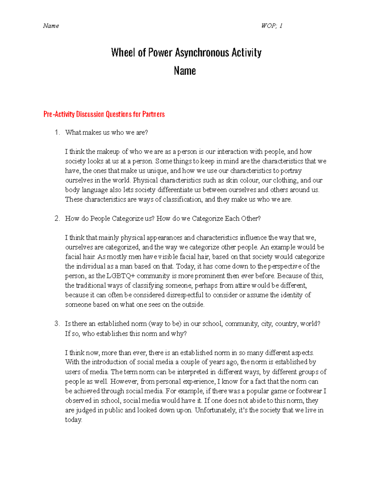 Wheel of Power Activity - Name - Name WOP; 1 Wheel of Power ...